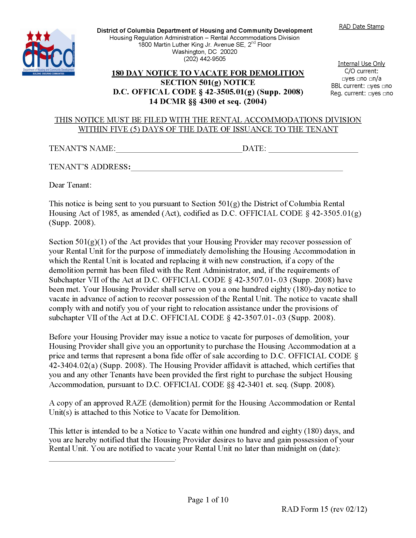 Free Washington D.C. Eviction Notice Forms (9) - PDF | Word – eForms