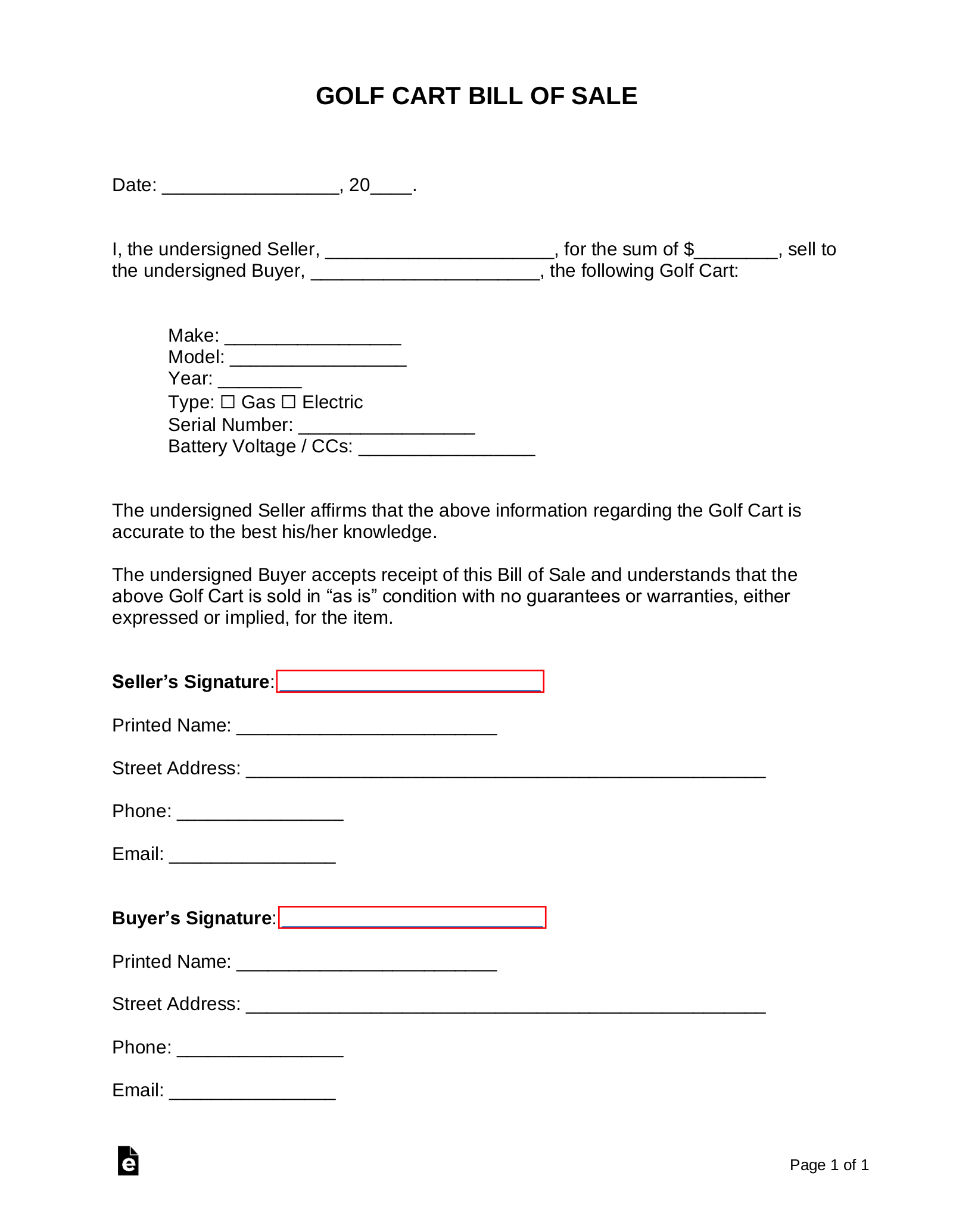 Free Golf Cart Bill Of Sale Form PDF Word EForms
