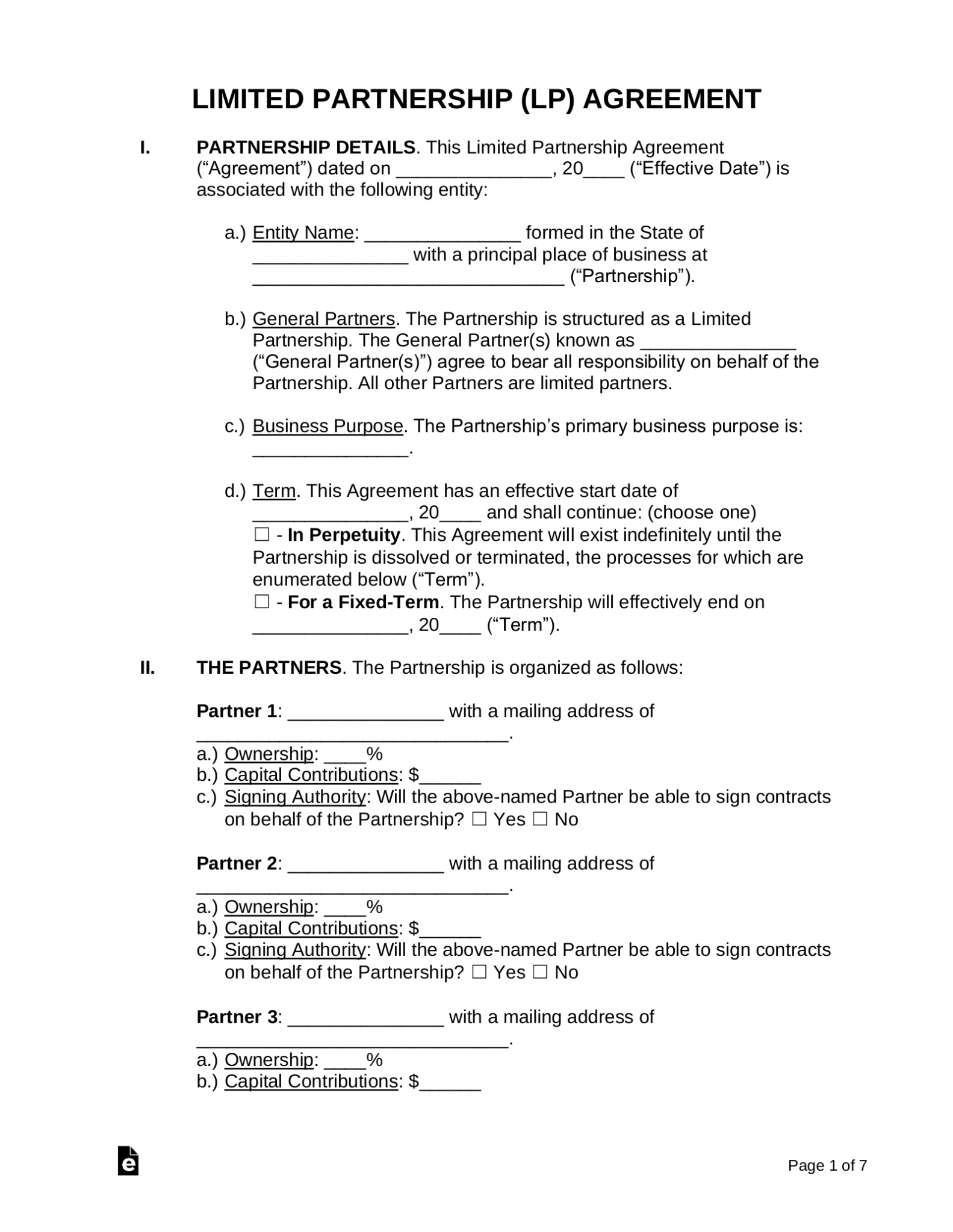 Free Limited Partnership (LP) Agreement Template - PDF | Word – eForms