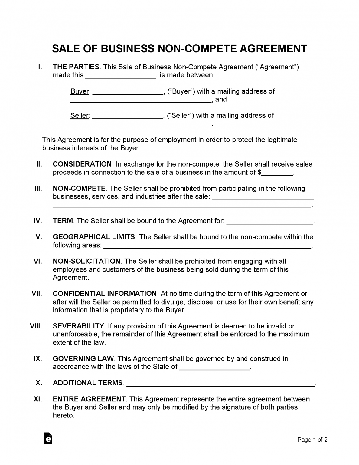 Free Sale of a Business Non-Compete Agreement - PDF | Word – eForms