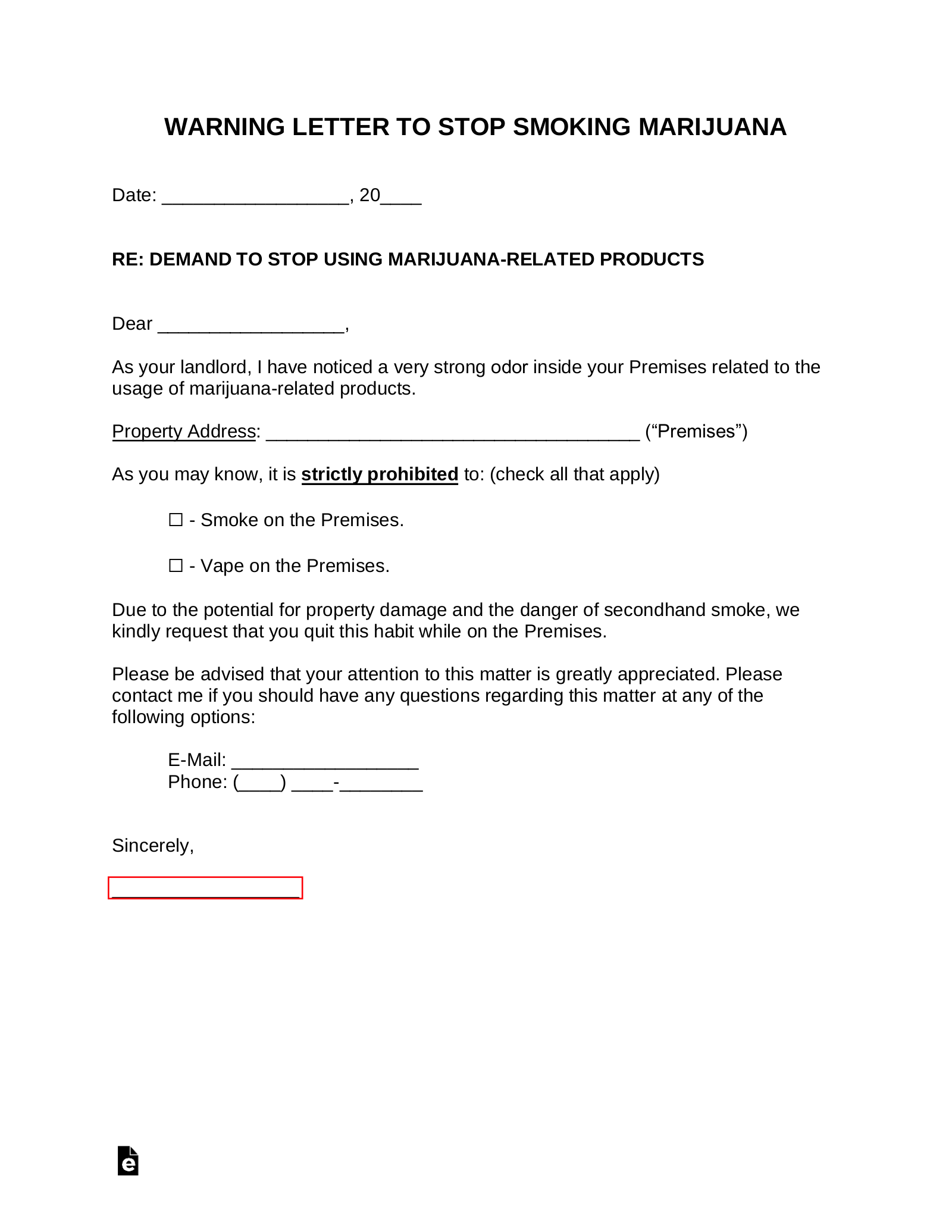 Free Warning Letter To Tenants For Smoking Marijuana PDF Word EForms