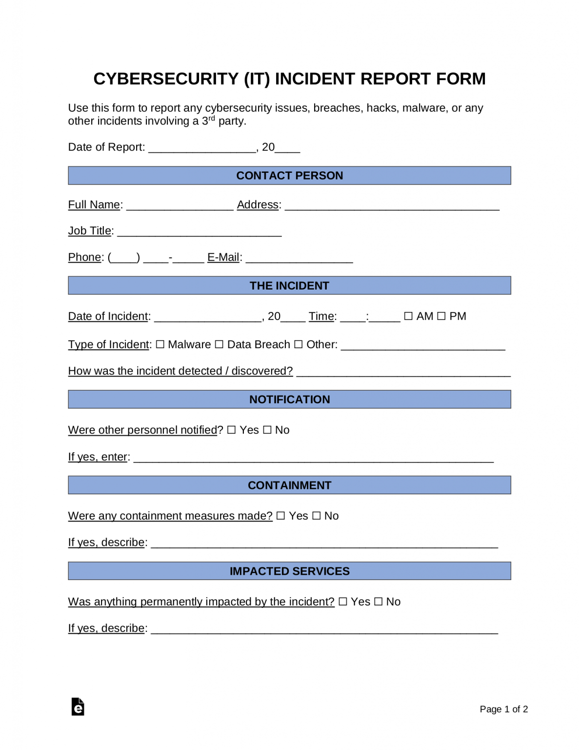 Free Cybersecurity (IT) Incident Report Template - PDF | Word – eForms