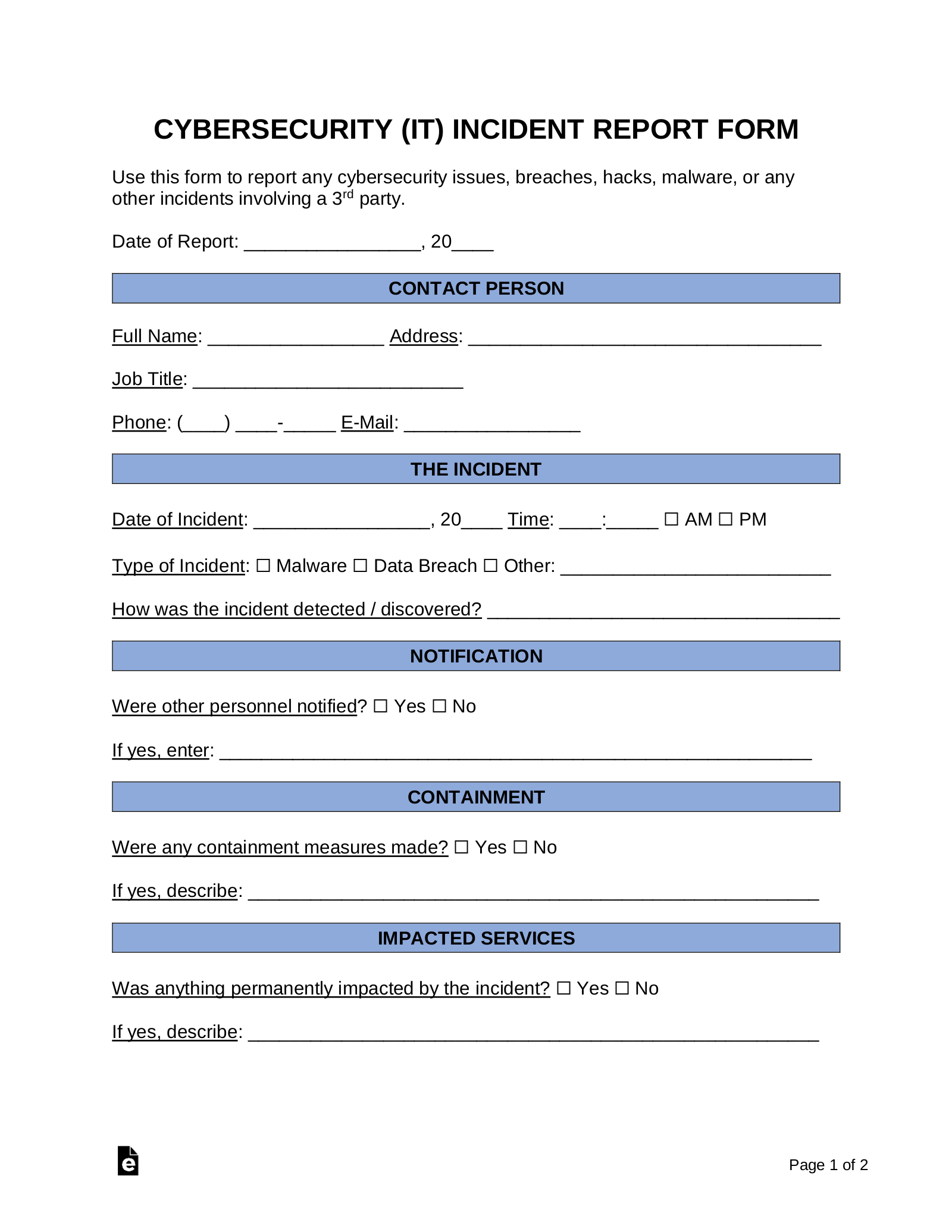 Free Cybersecurity It Incident Report Template Pdf Word Eforms