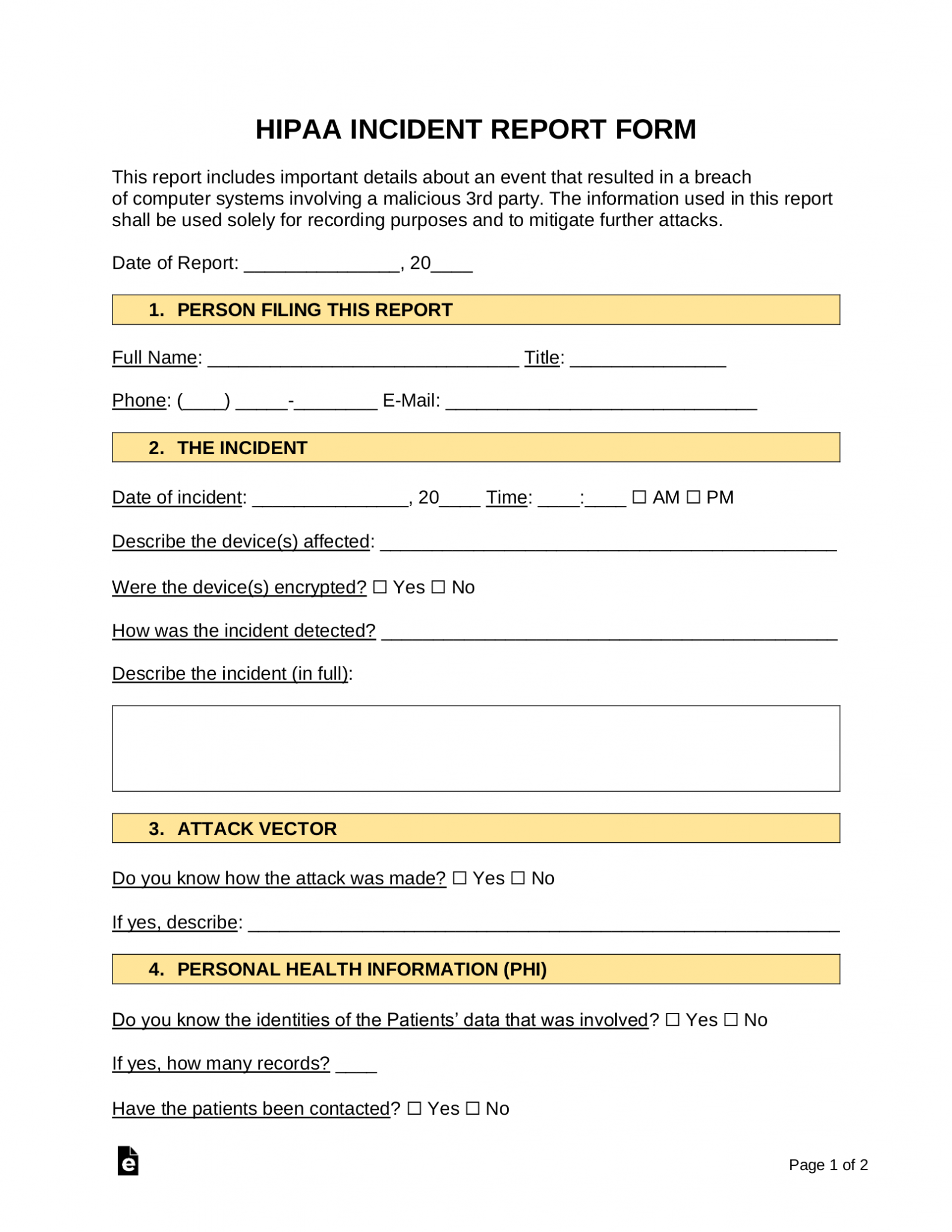 Free HIPAA Incident Report Form | Sample - PDF | Word – eForms