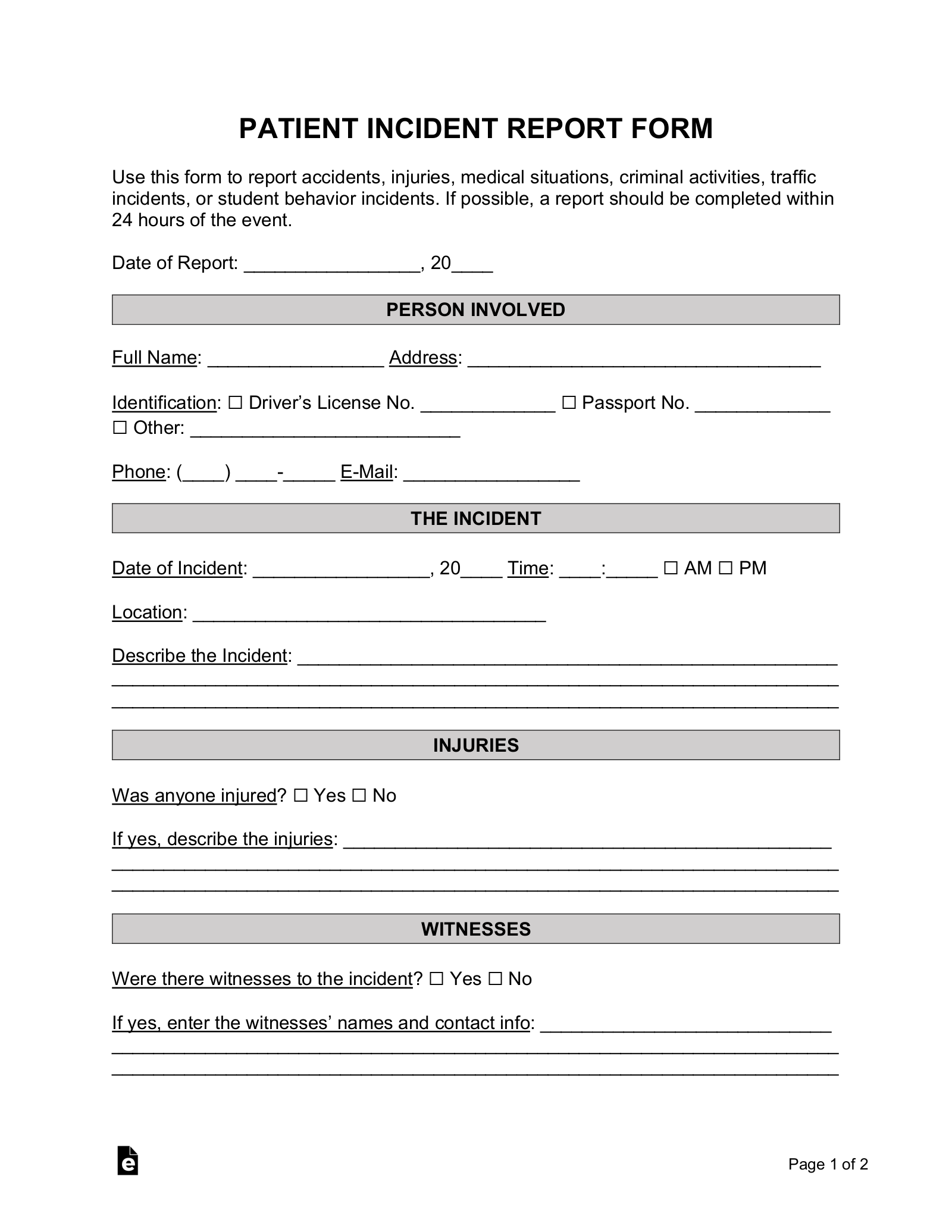 Free Patient Medical Incident Report Form PDF Word EForms