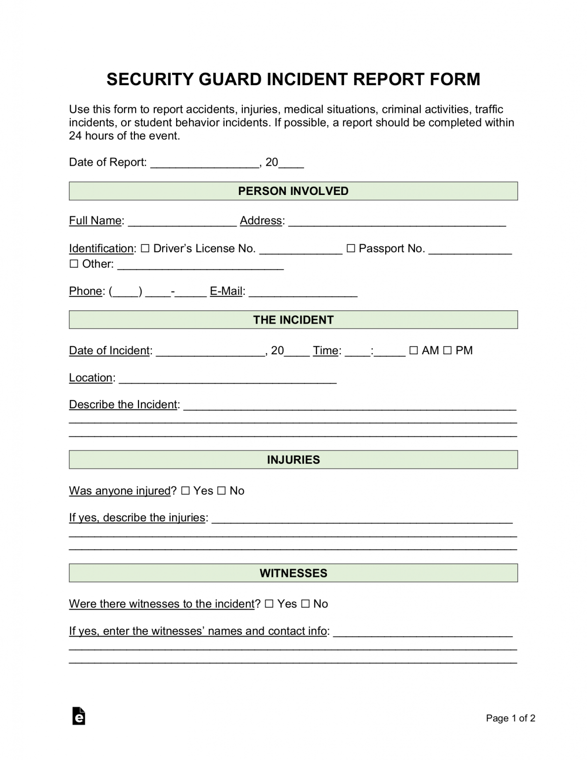 Free Security Guard Incident Report Template - PDF | Word – eForms Free Security Guard Incident Report Template - PDF | Word – eForms