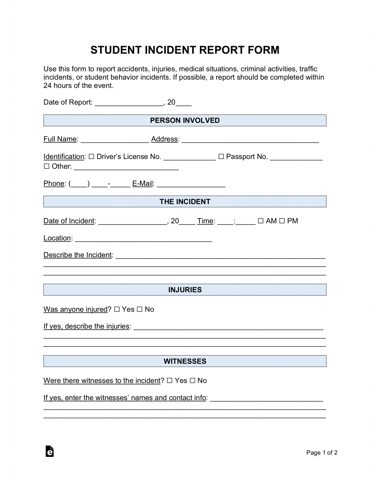 Free Student Incident Report Template - PDF | Word – eForms