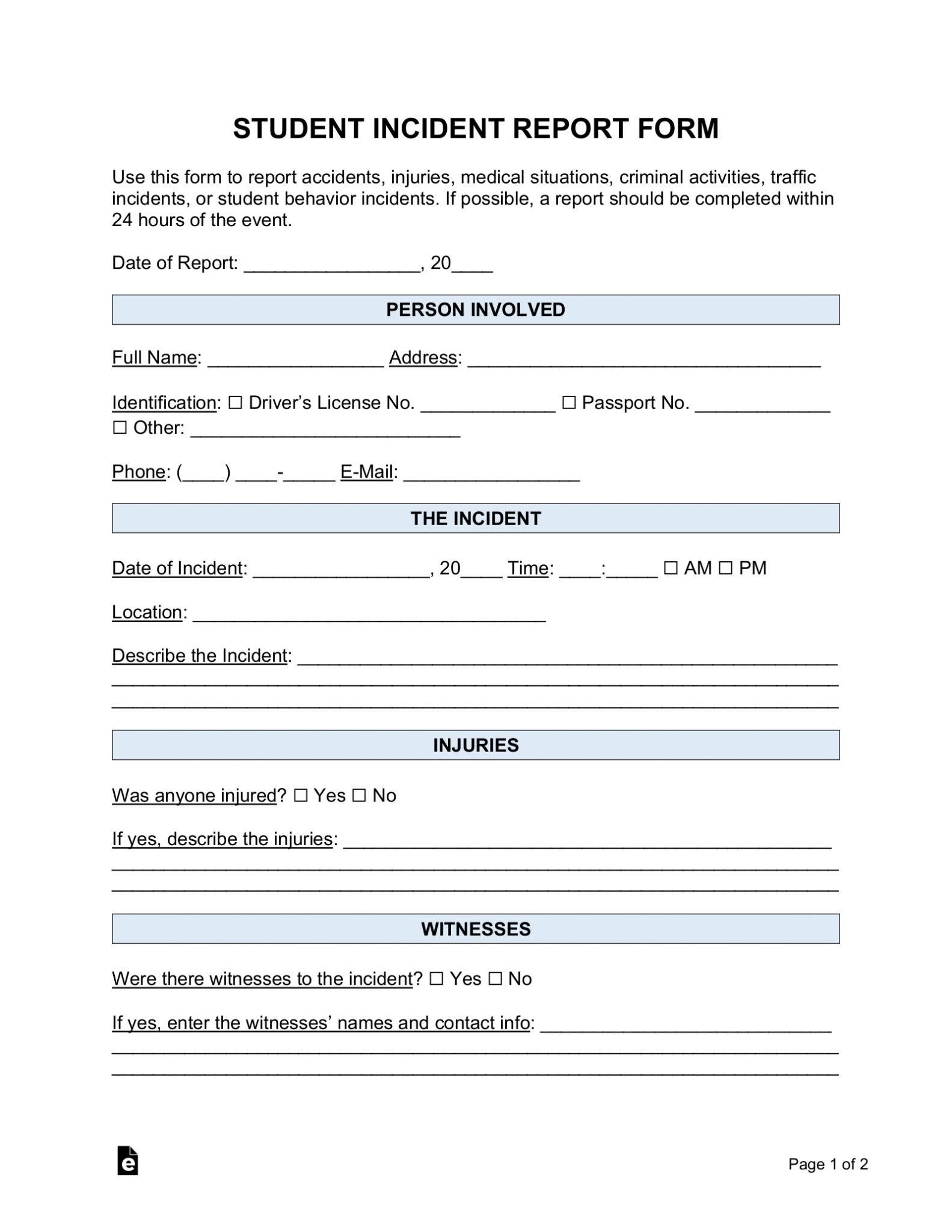 Free Student Incident Report Template - PDF | Word – eForms