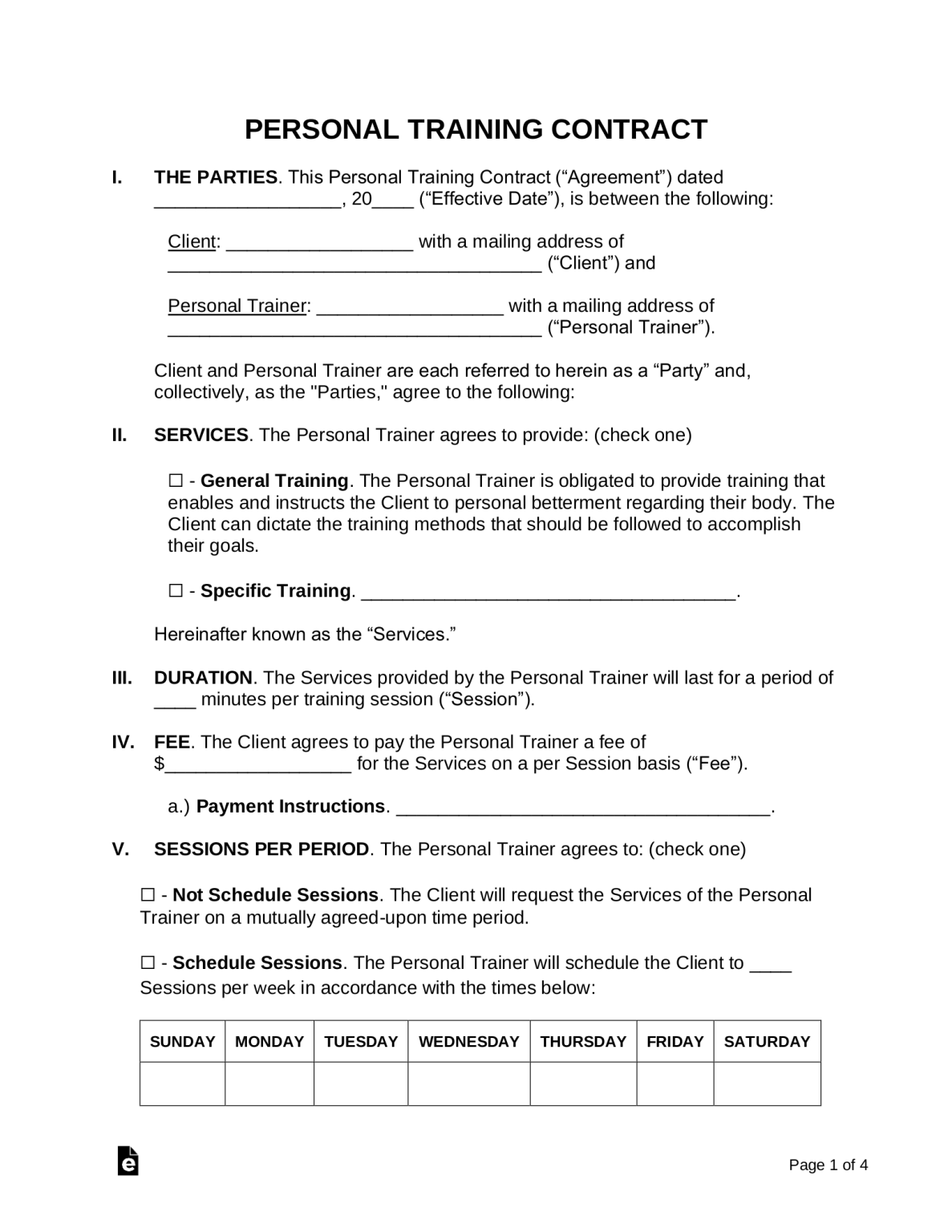Free Personal Training Contract Template Pdf Word Eforms