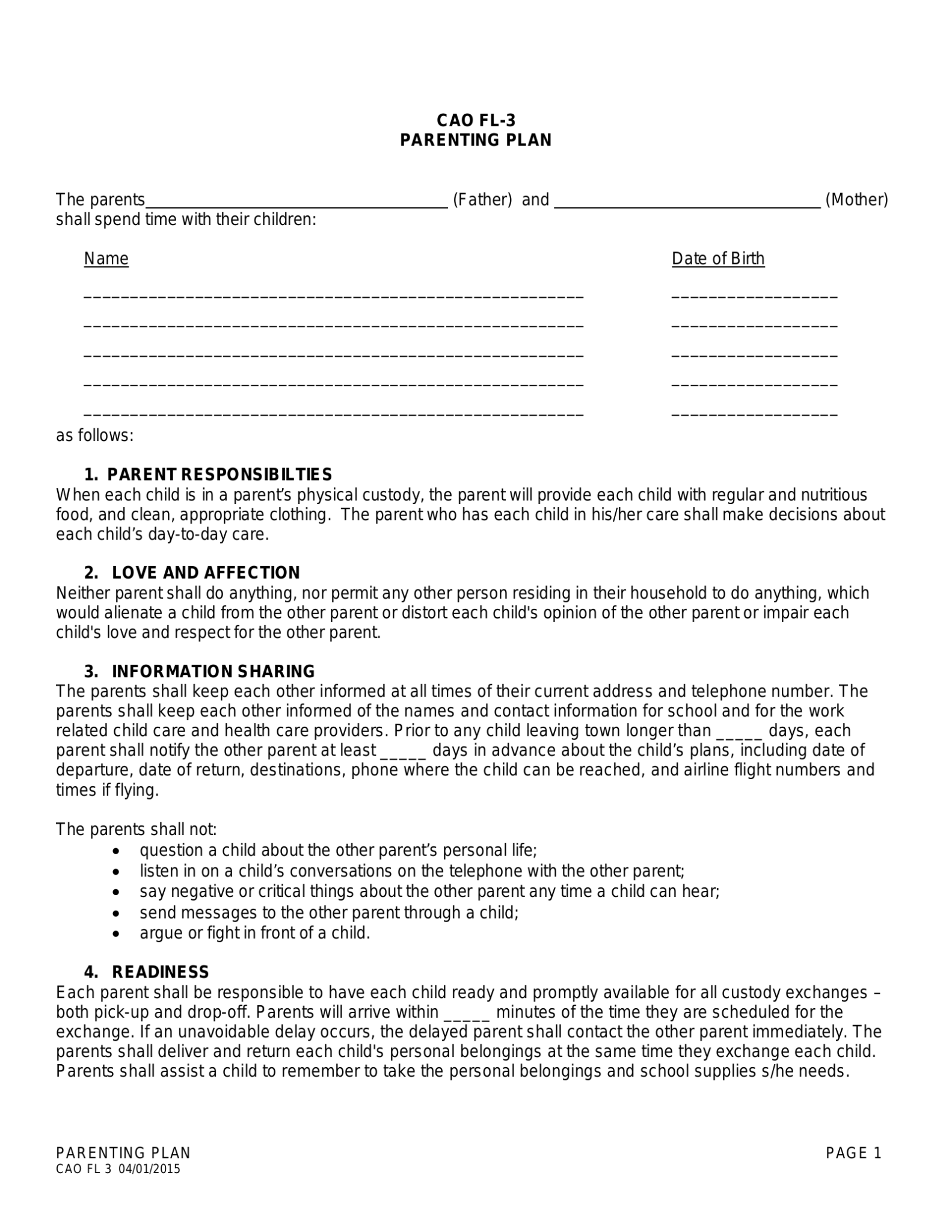 Free Idaho Custody (Parenting) Plan - PDF – eForms
