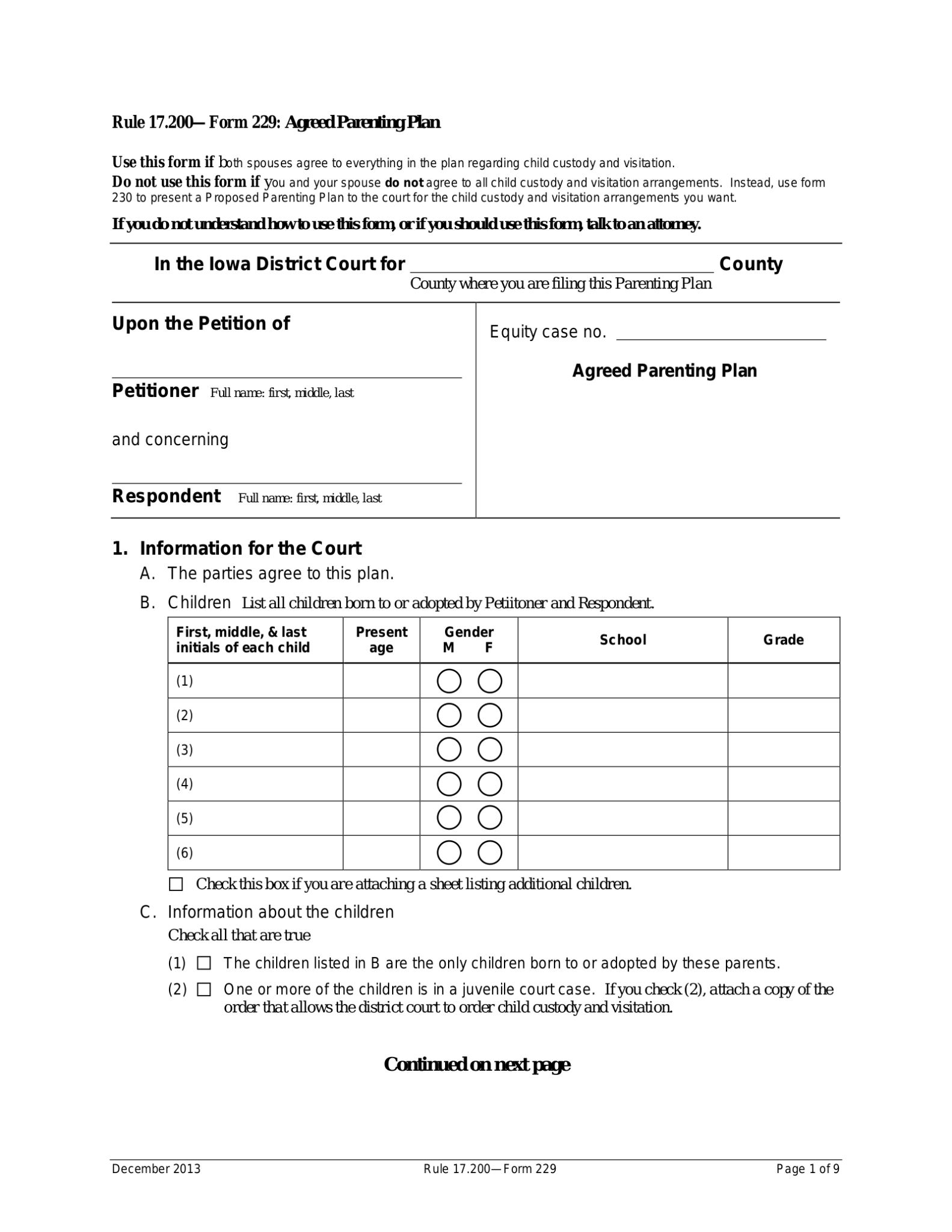 Free Iowa Custody (Parenting) Plan - PDF – eForms