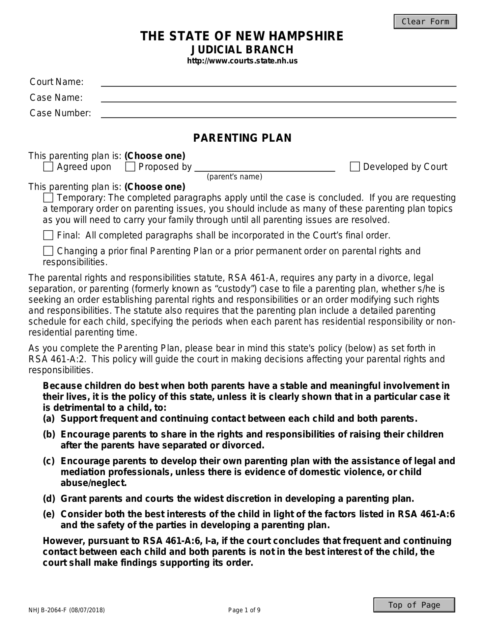 Free New Hampshire Custody (Parenting Plan) Agreement - PDF – eForms