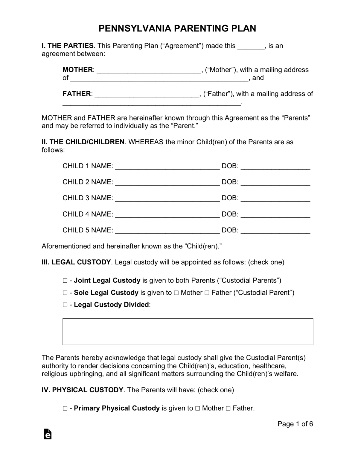 Free Pennsylvania Custody (Parenting Plan) Agreement - PDF | Word – eForms