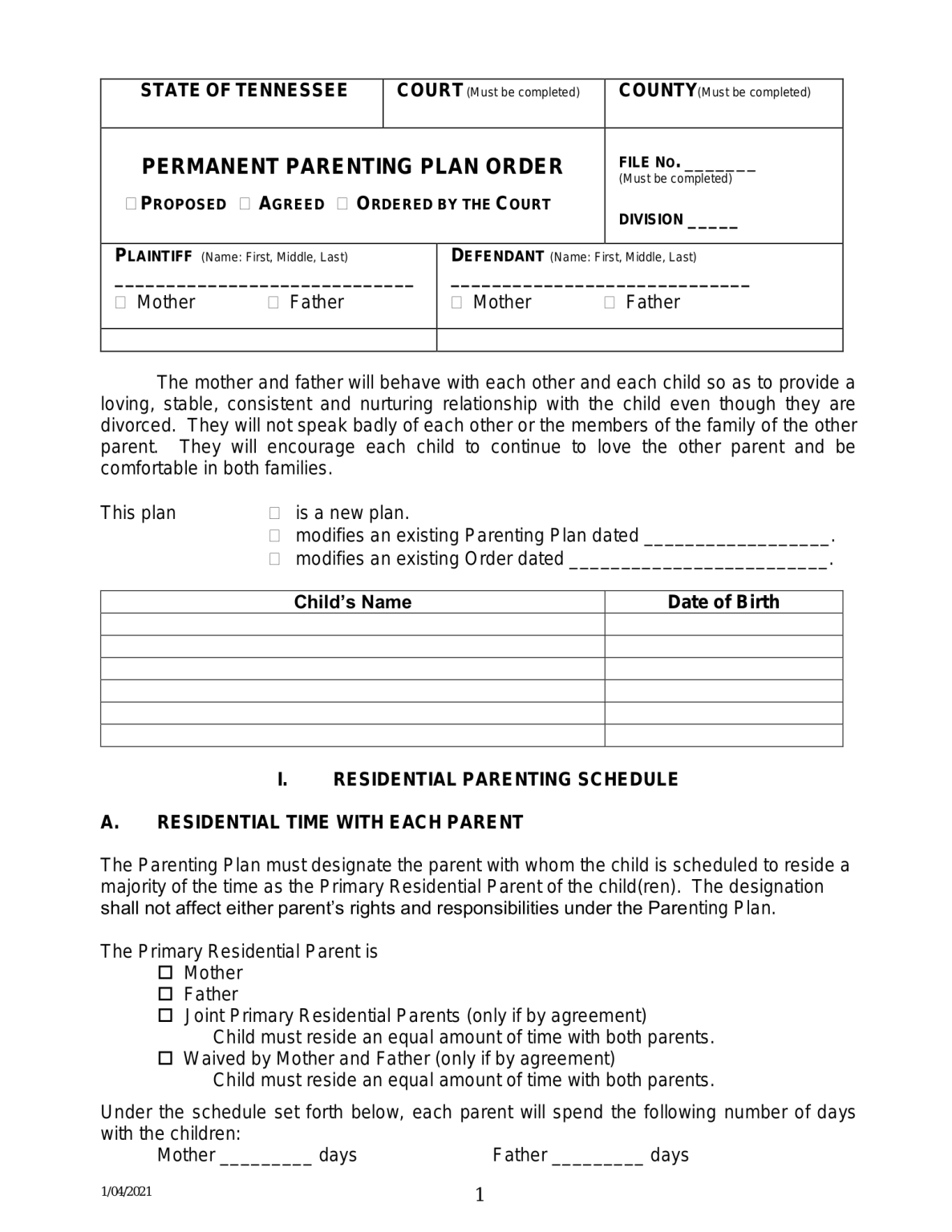 Free Tennessee Custody (Parenting) Plan - PDF – eForms