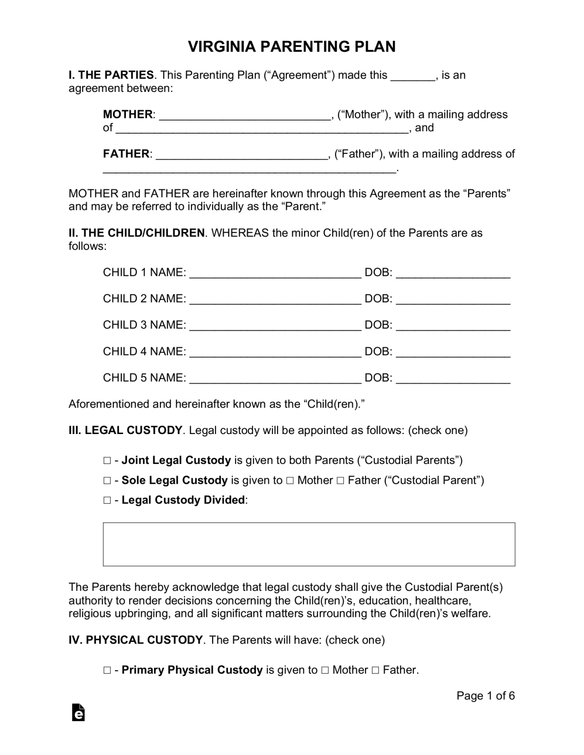 Free Virginia Custody (Parenting) Plan - PDF | Word – eForms