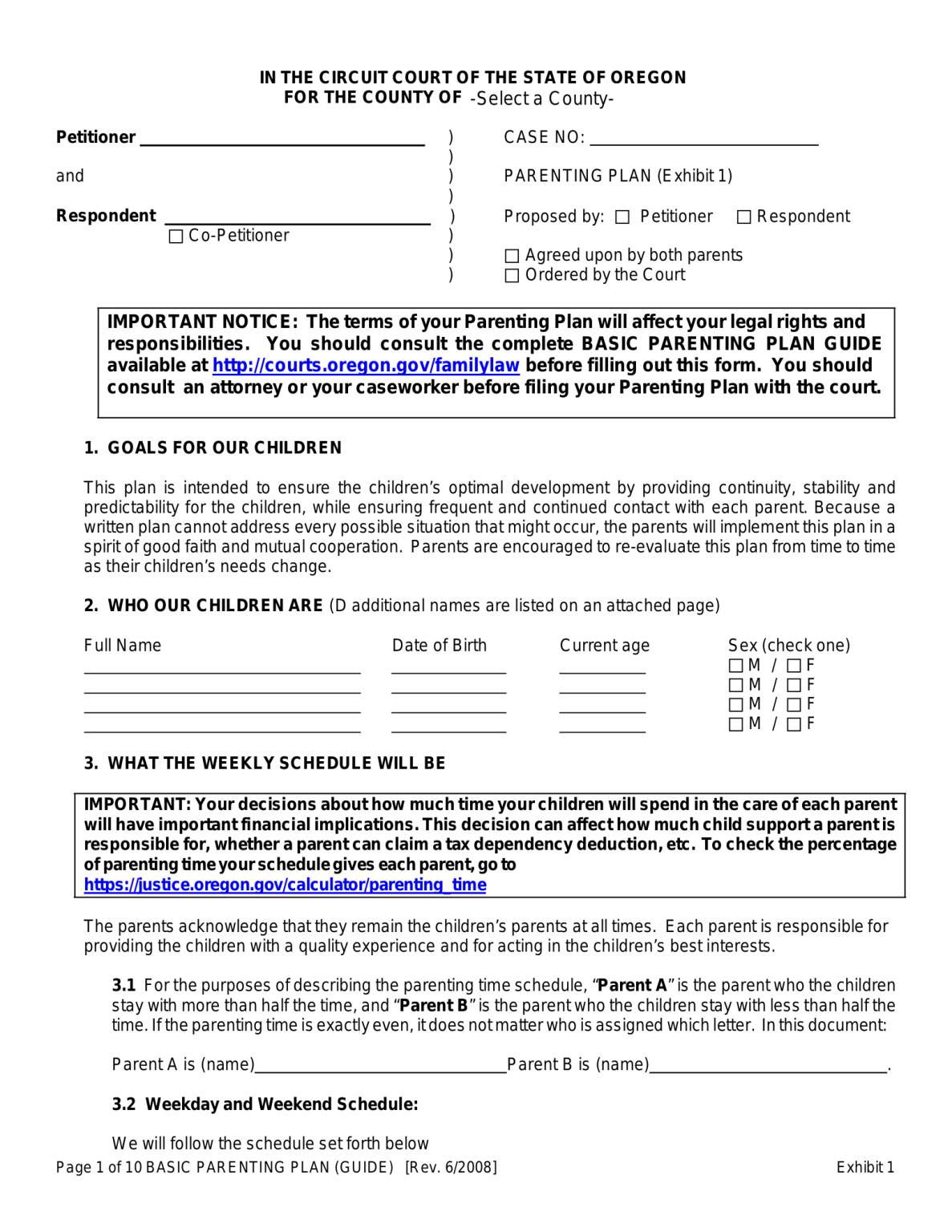 Free Oregon Custody (Parenting) Plan - PDF – eForms