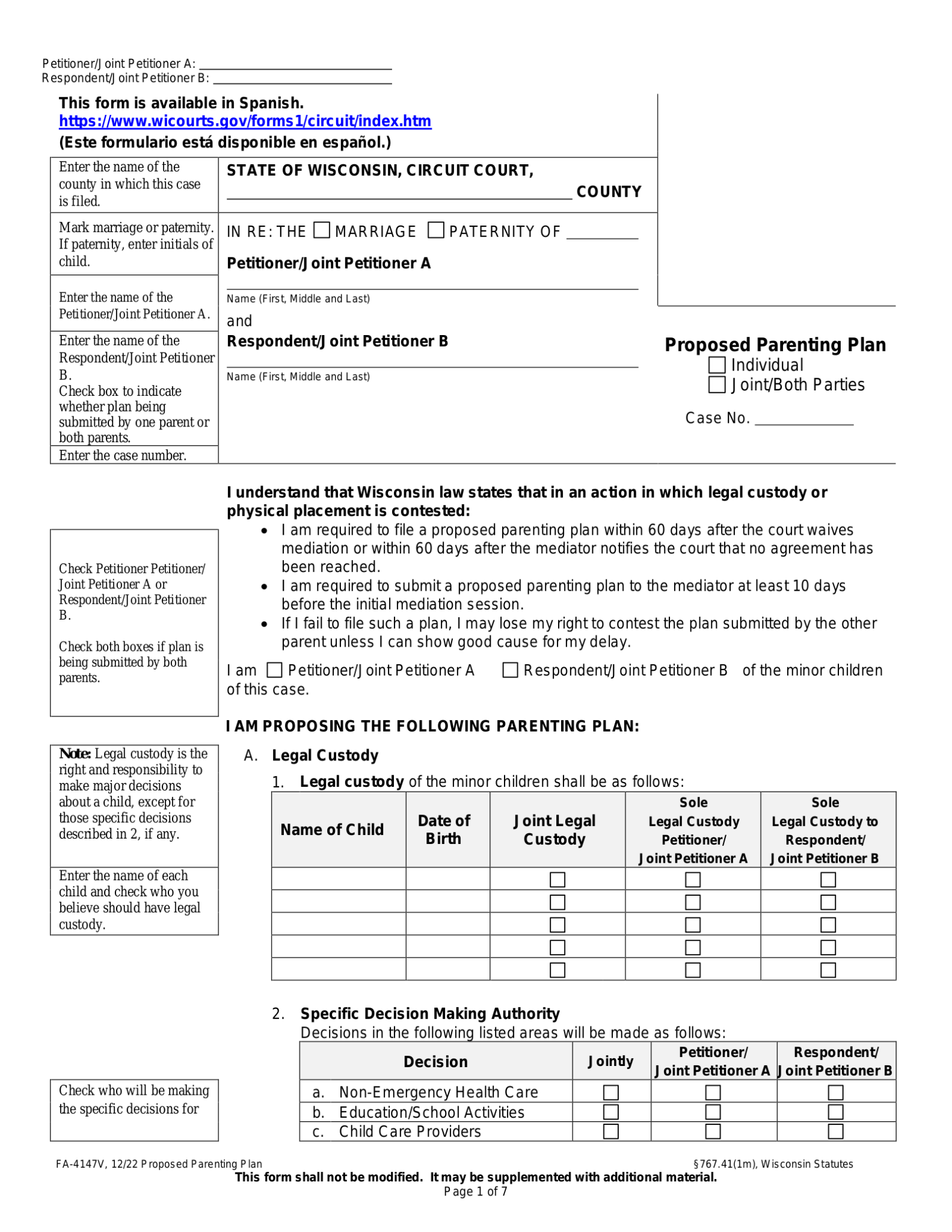 Free Wisconsin Custody (Parenting) Plan - PDF – eForms