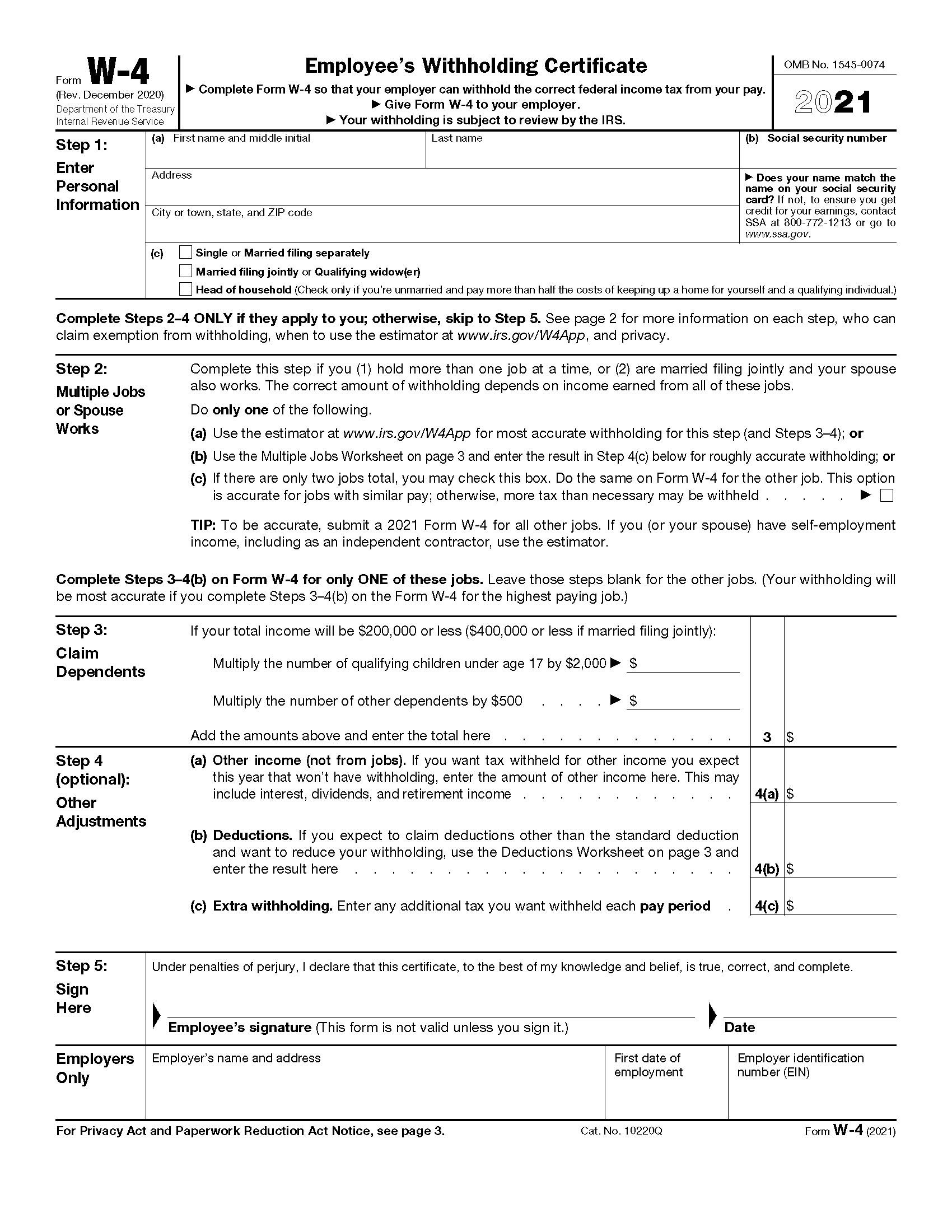 Free IRS Form W4 2024 PDF EForms
