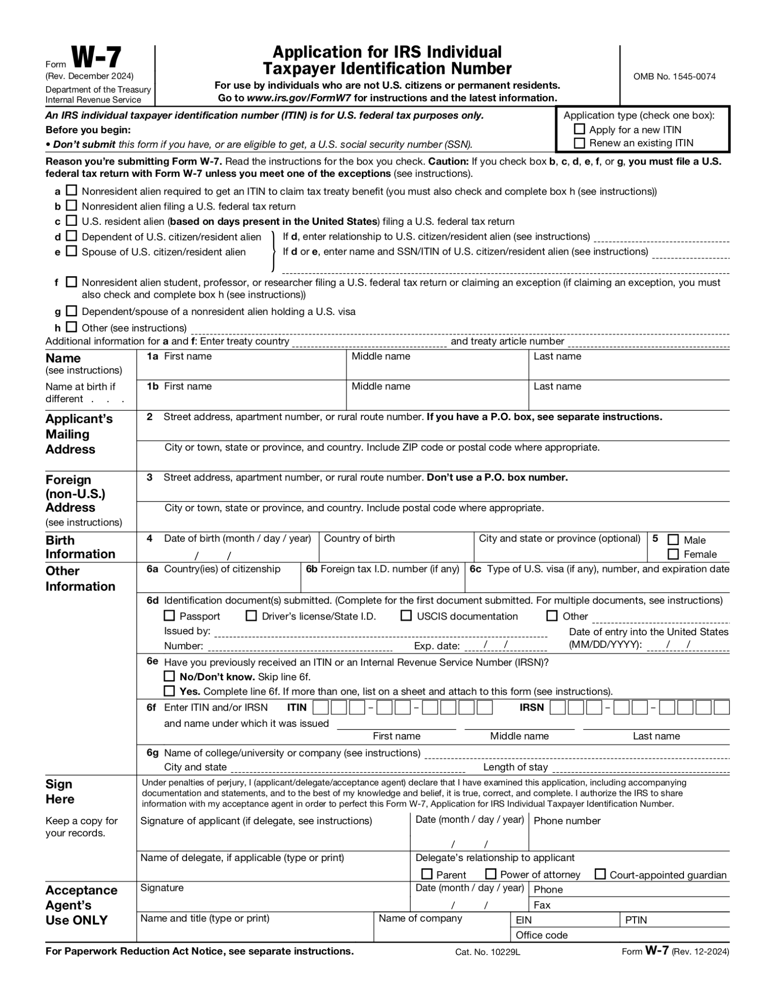 Free IRS Form W7 | ITIN Application - PDF – eForms