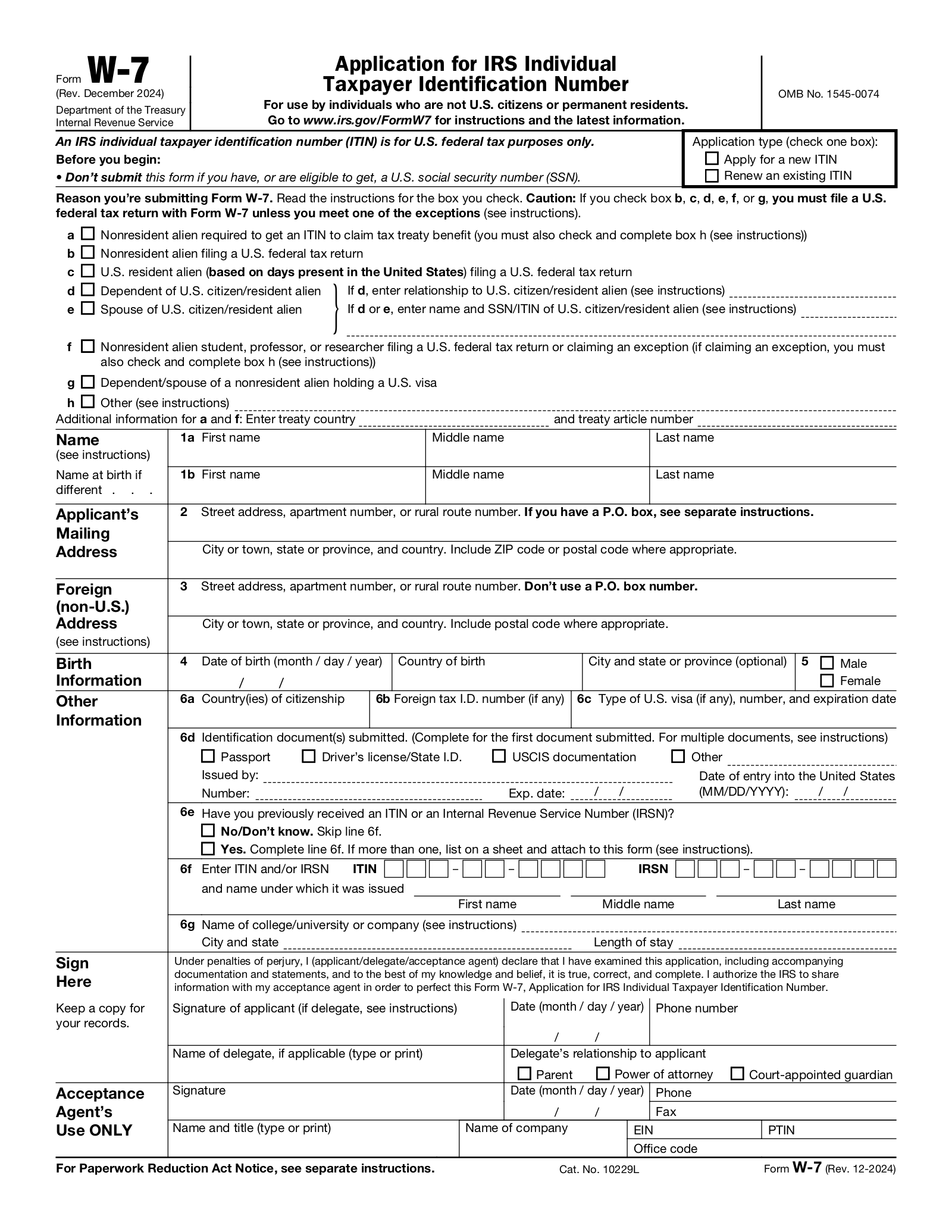 Free IRS Form W7 | ITIN Application - PDF – eForms