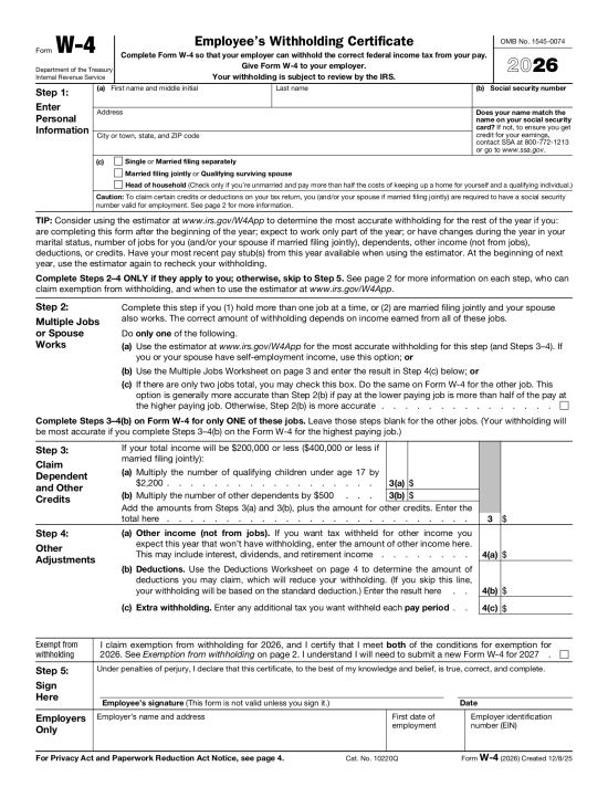 Free IRS Form W4 (2026) - PDF – eForms