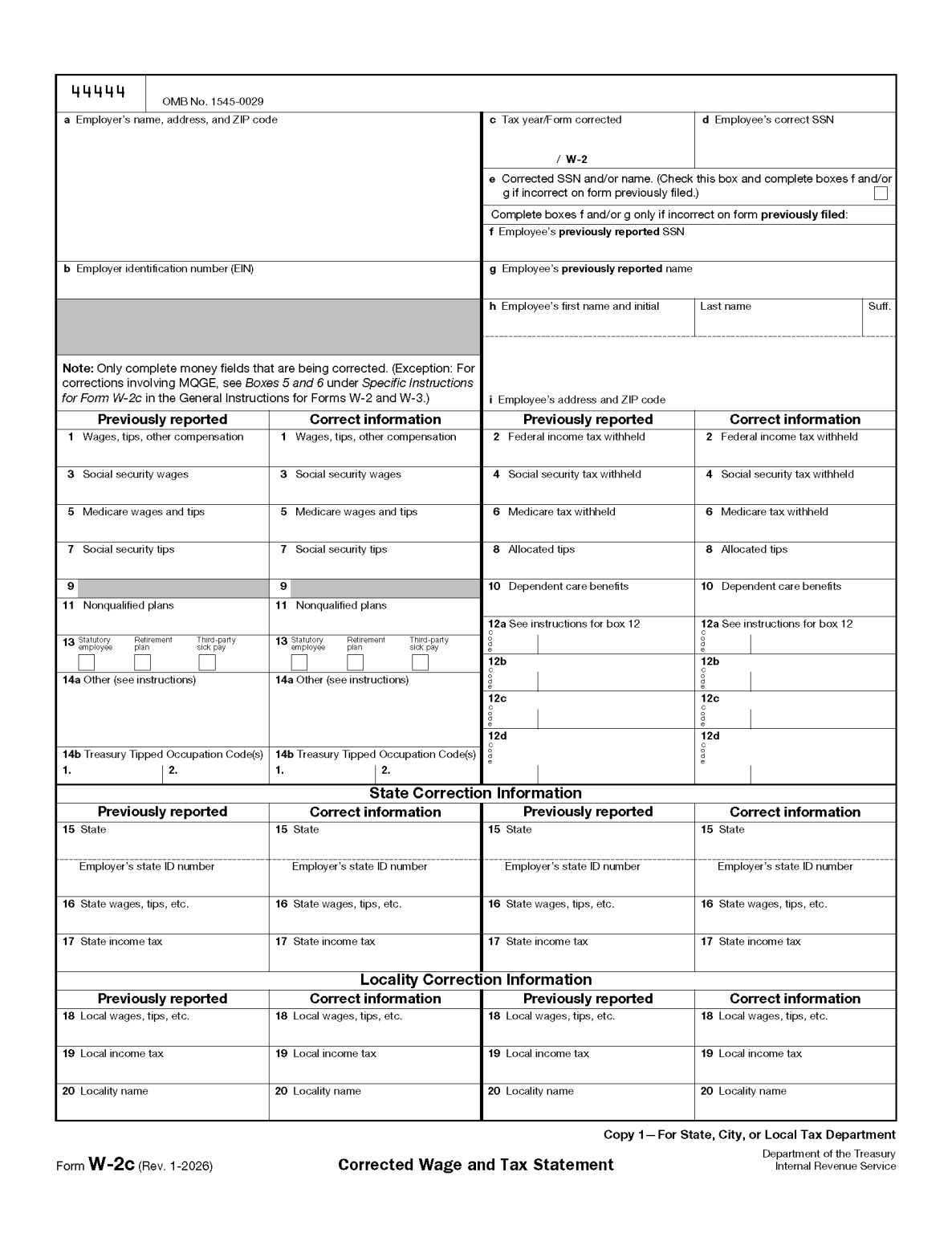 Free IRS Form W-2c | Corrected Wage and Tax Statement - PDF – eForms