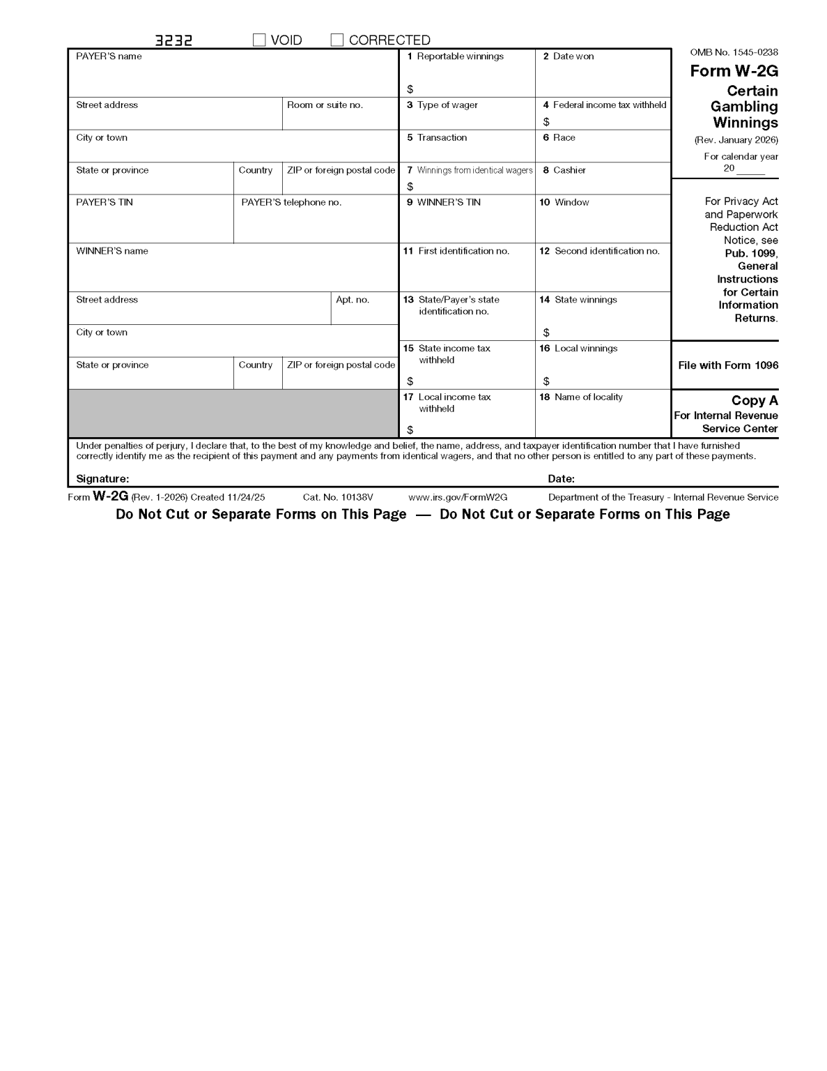 Free IRS Form W-2G | Certain Gambling Winnings - PDF – eForms