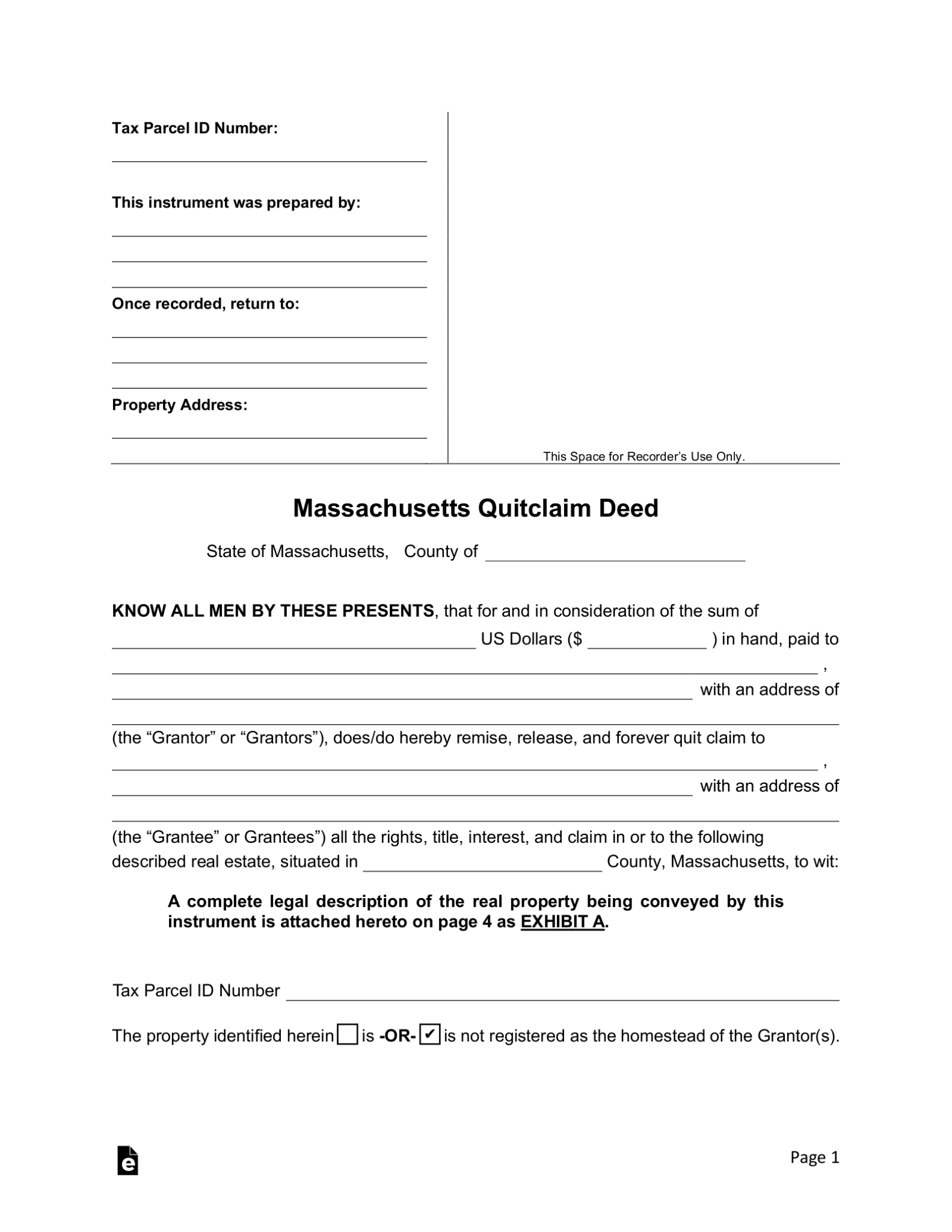 Free Massachusetts Quit Claim Deed Form - PDF | Word – eForms