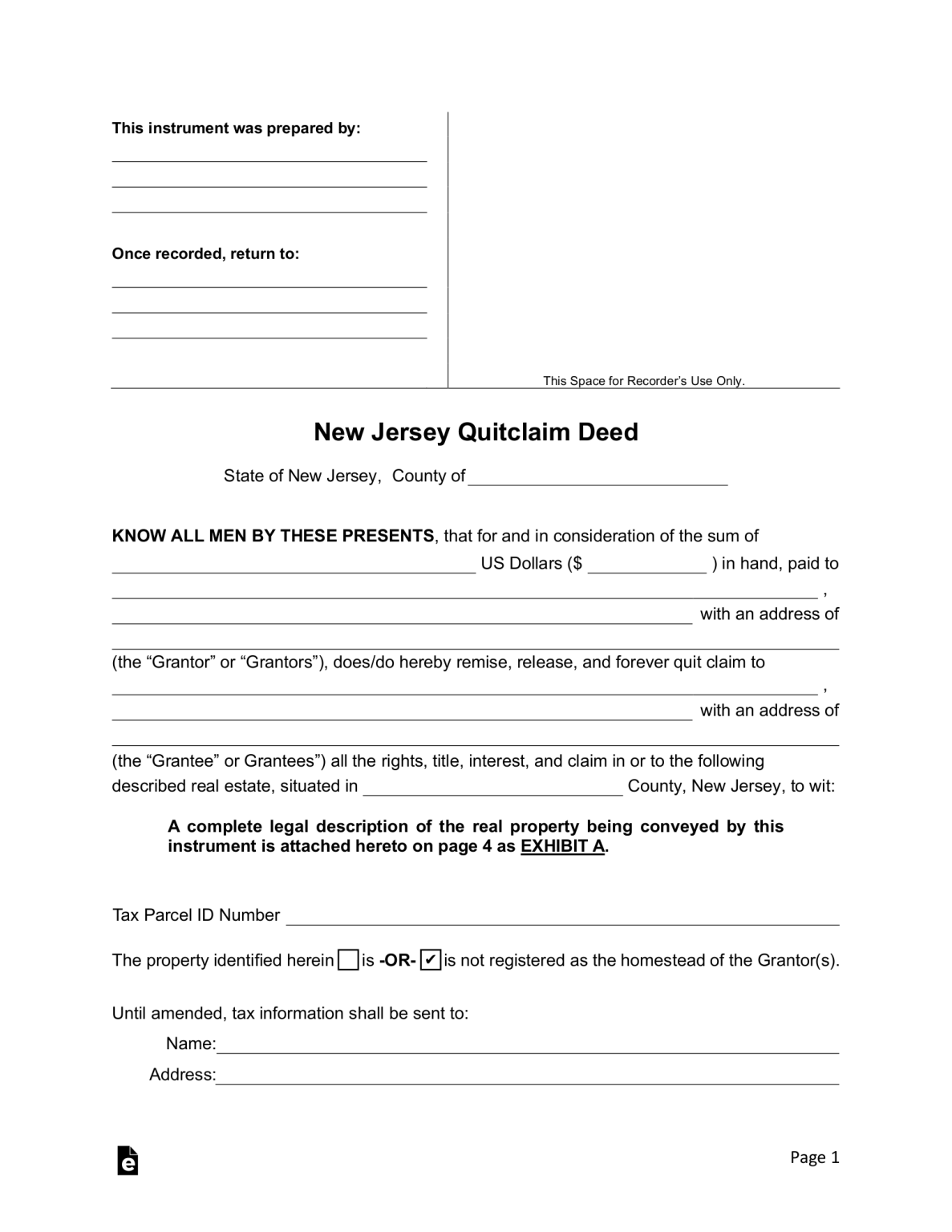 Free New Jersey Quit Claim Deed Form - PDF | Word – eForms