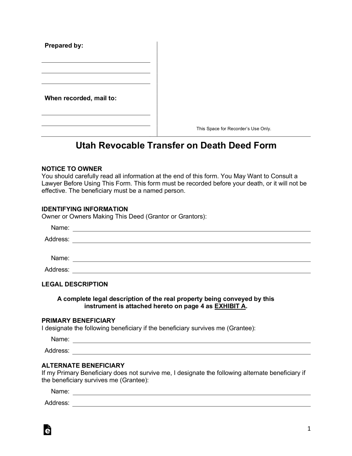 Free Utah Transfer on Death Deed - PDF | Word – eForms