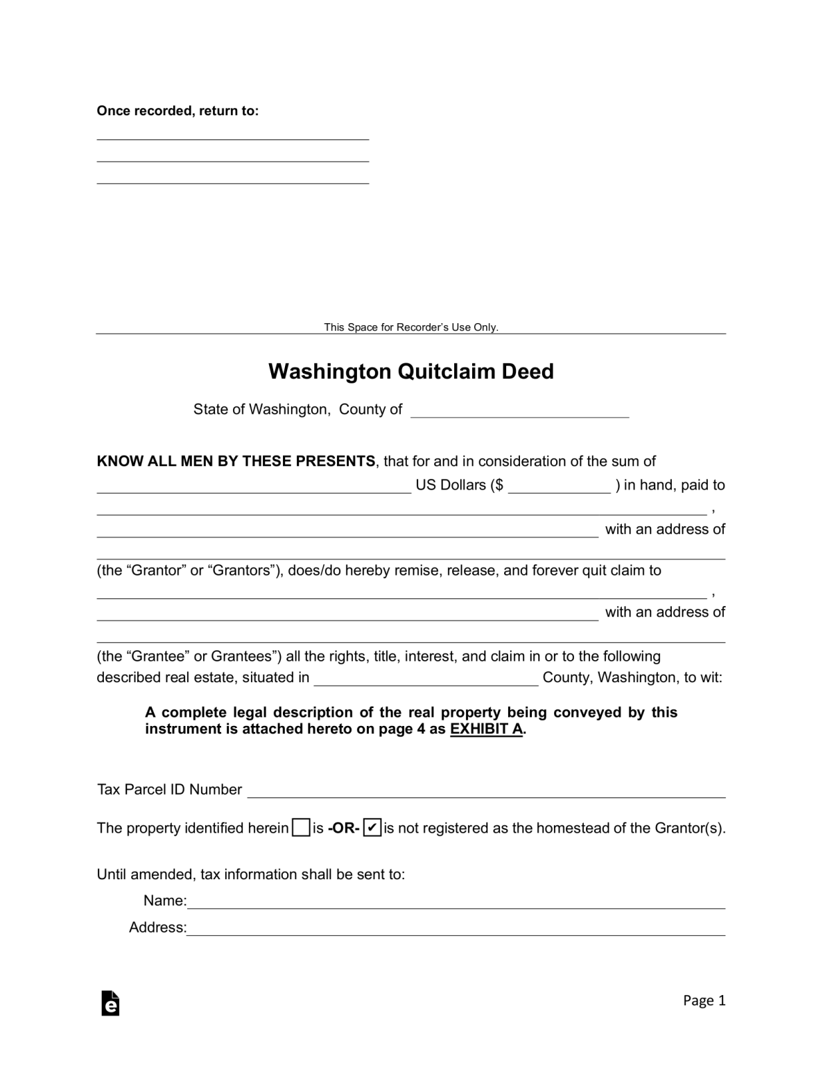 Free Washington Quit Claim Deed Form Pdf Word Eforms 2293