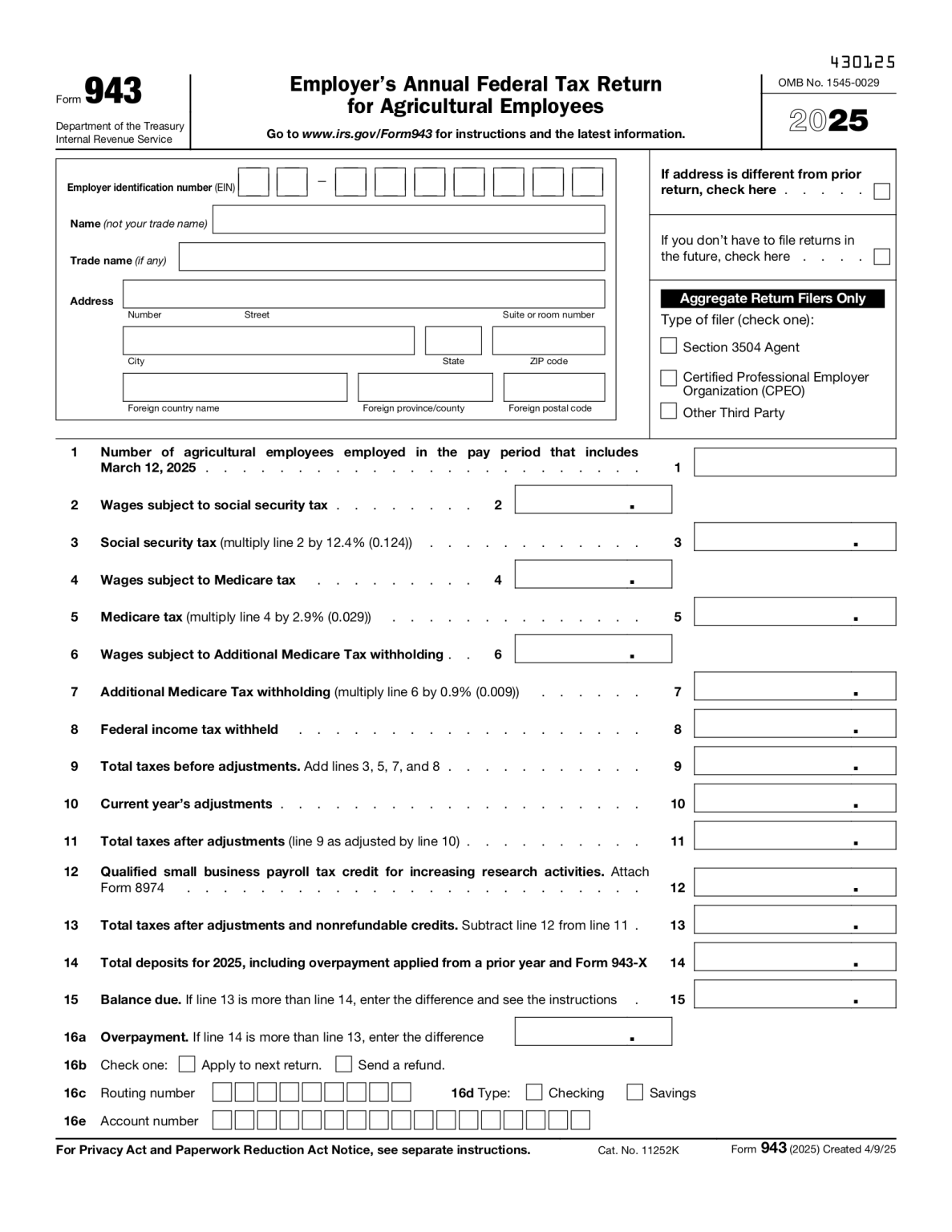Form 943: Agricultural Employer’s Federal Tax Return – eForms