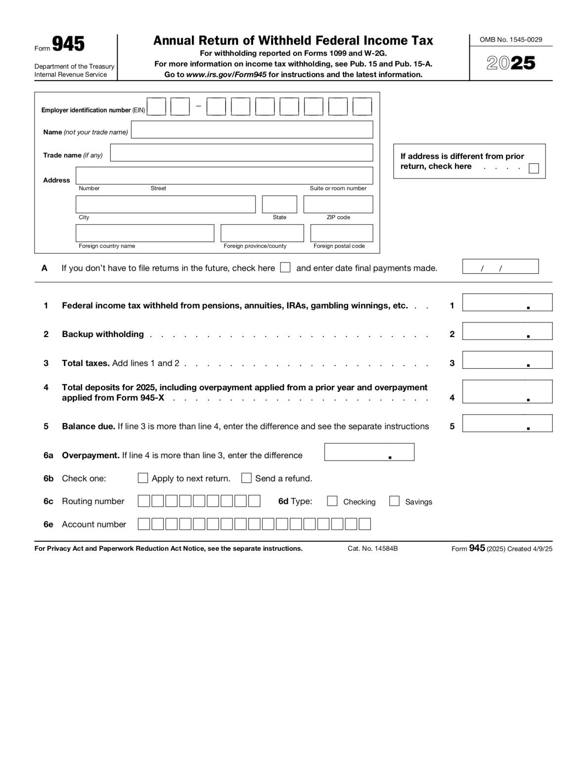 Free Form 945: Federal Income Tax Withheld From Non-Payroll - PDF – eForms