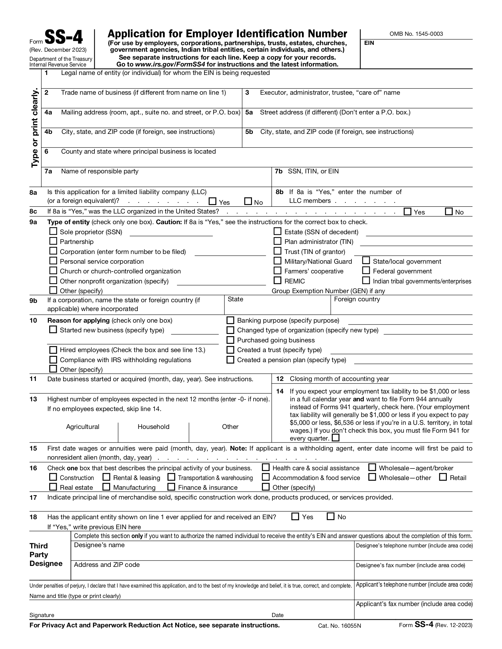 Free SS-4 | Application for Employer Identification Number - PDF – eForms