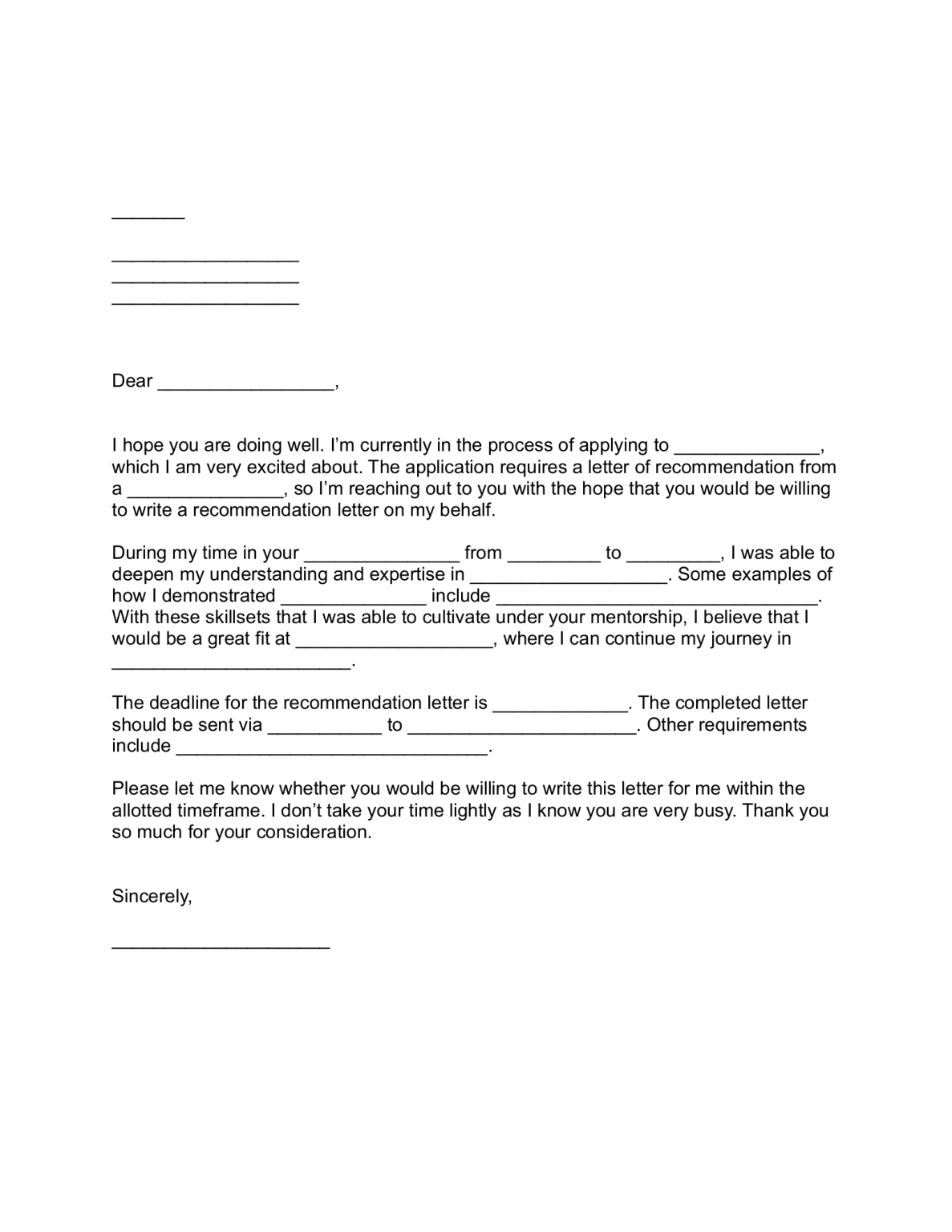 Free Letter of Recommendation Request - PDF | Word – eForms