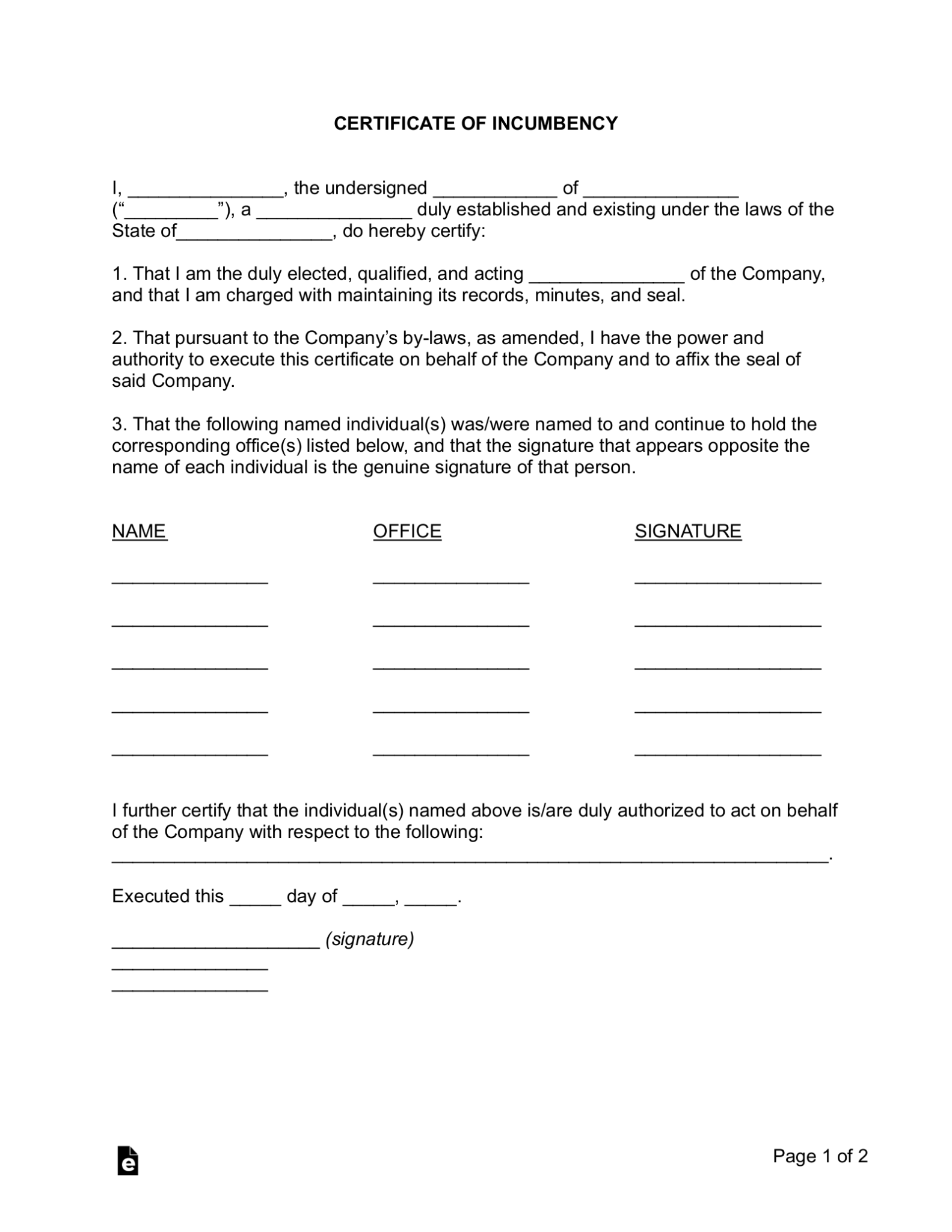 Free Certificate of Incumbency - PDF | Word – eForms