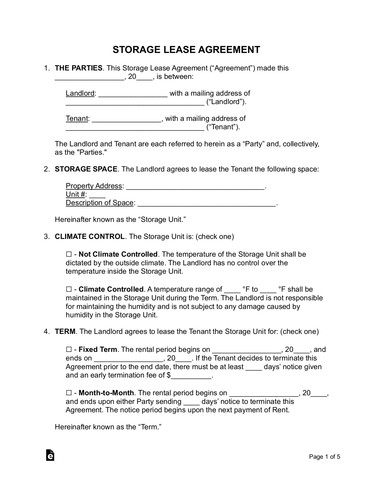 Free Storage Space (Unit) Lease Agreement Template - PDF | Word – eForms
