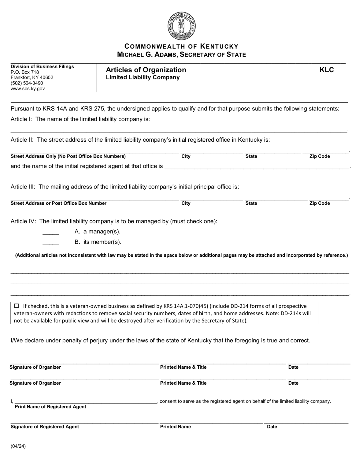 Free How to Form an LLC in Kentucky - PDF – eForms