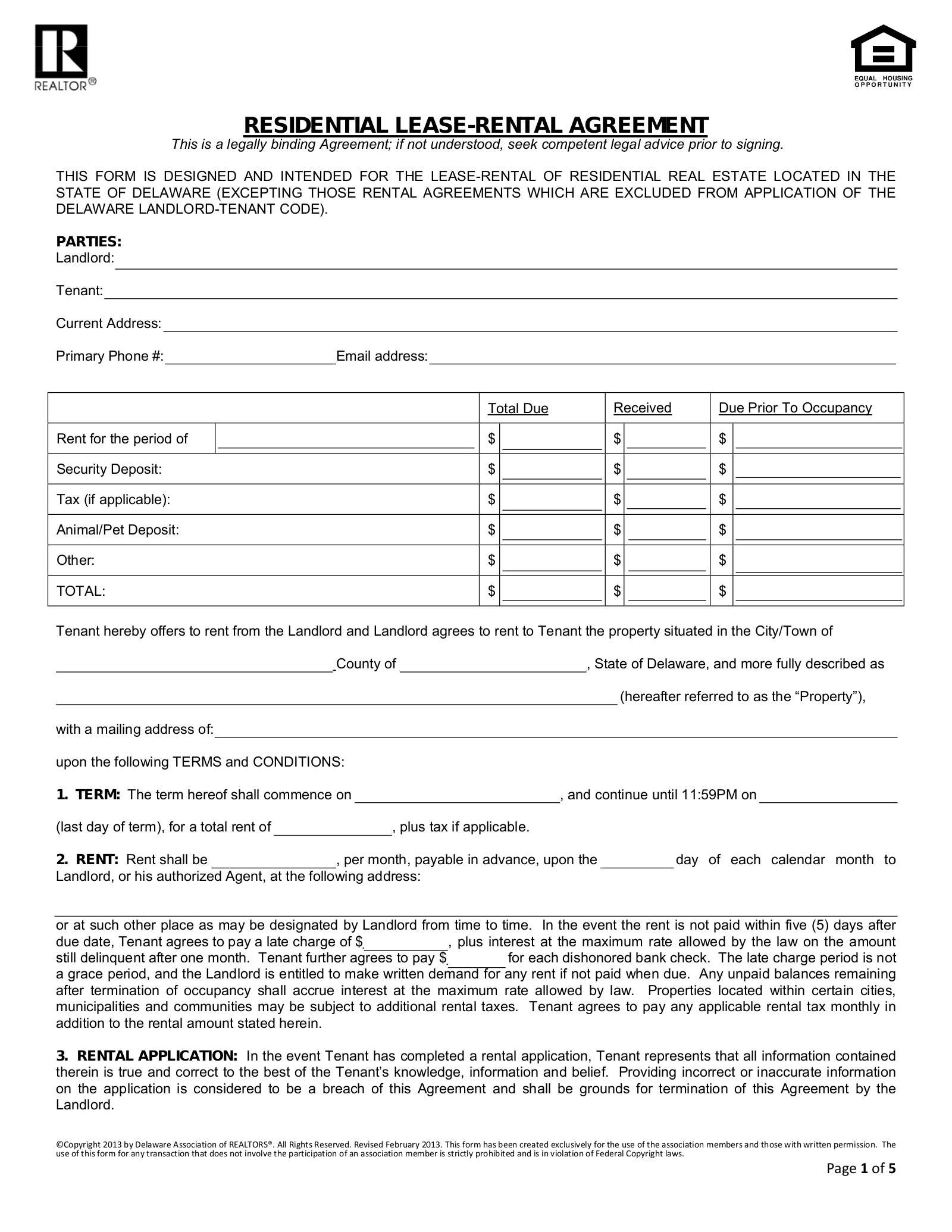 Free Delaware Assoc. of Realtors Lease Agreement Template - PDF – eForms