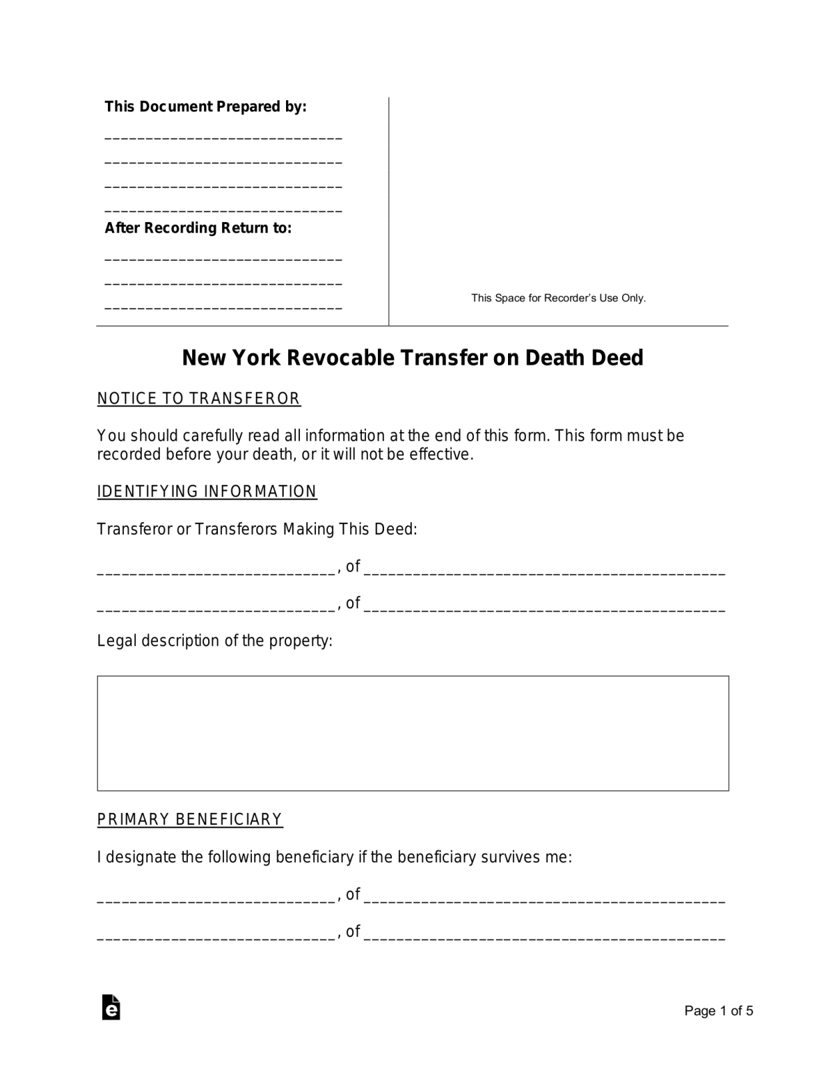 Free New York Transfer on Death Deed - PDF | Word – eForms