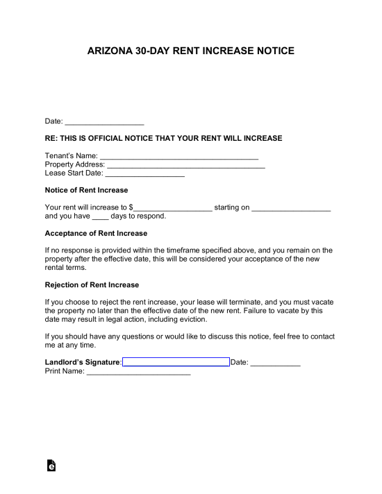 Free Arizona 30-Day Rent Increase Notice - PDF | Word – eForms