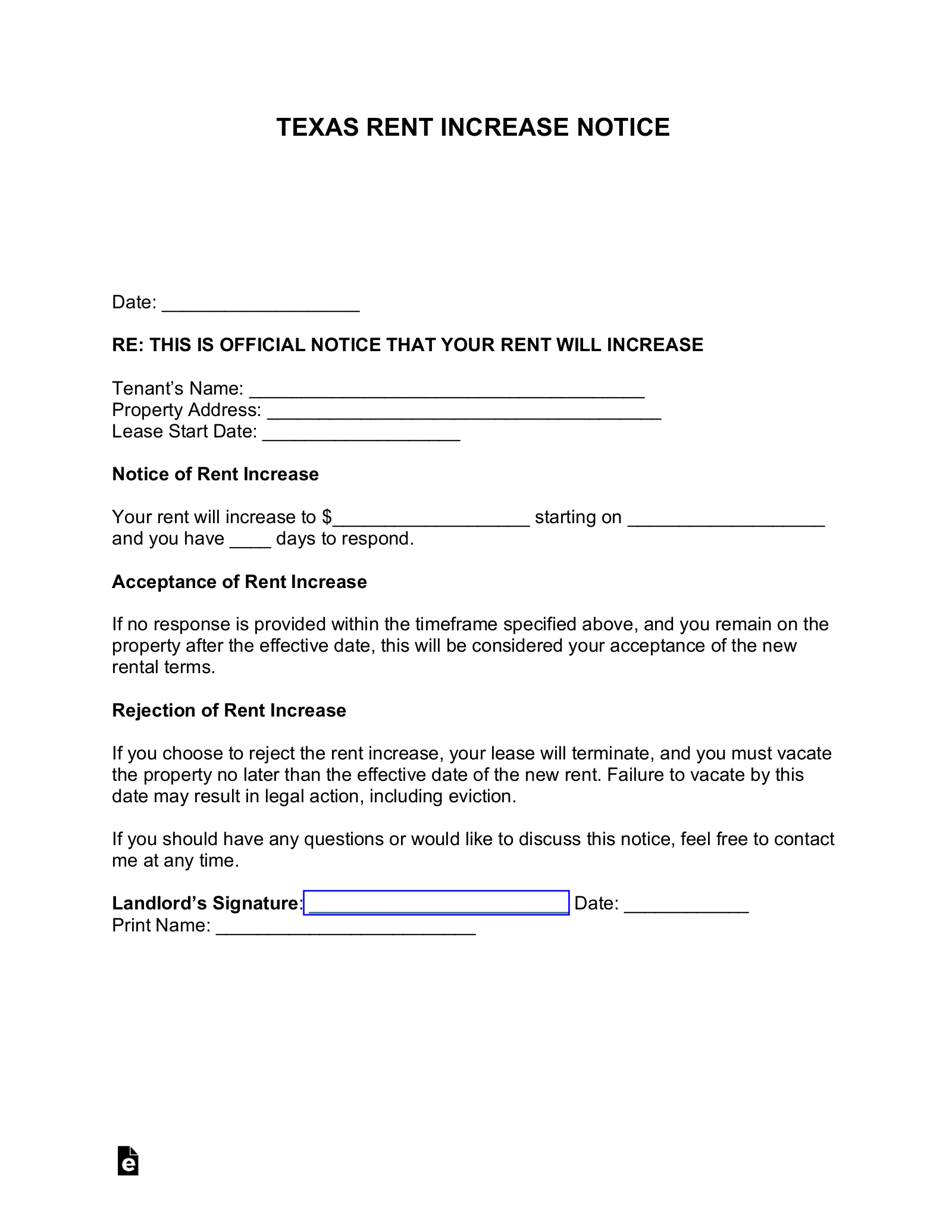 Free Texas Rent Increase Notice - PDF | Word – eForms