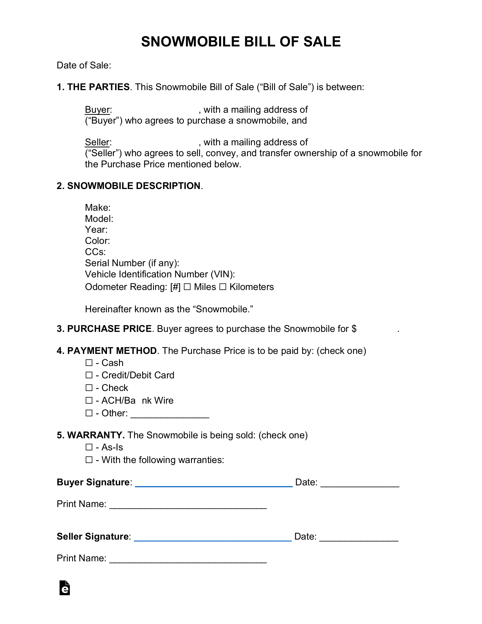 Free Snowmobile Bill of Sale Form - PDF | Word – eForms