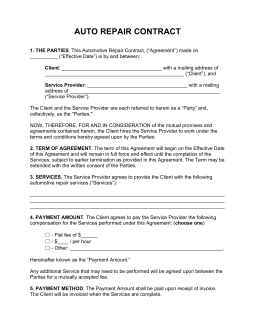 Free Auto Repair Contract Template - PDF | Word – eForms