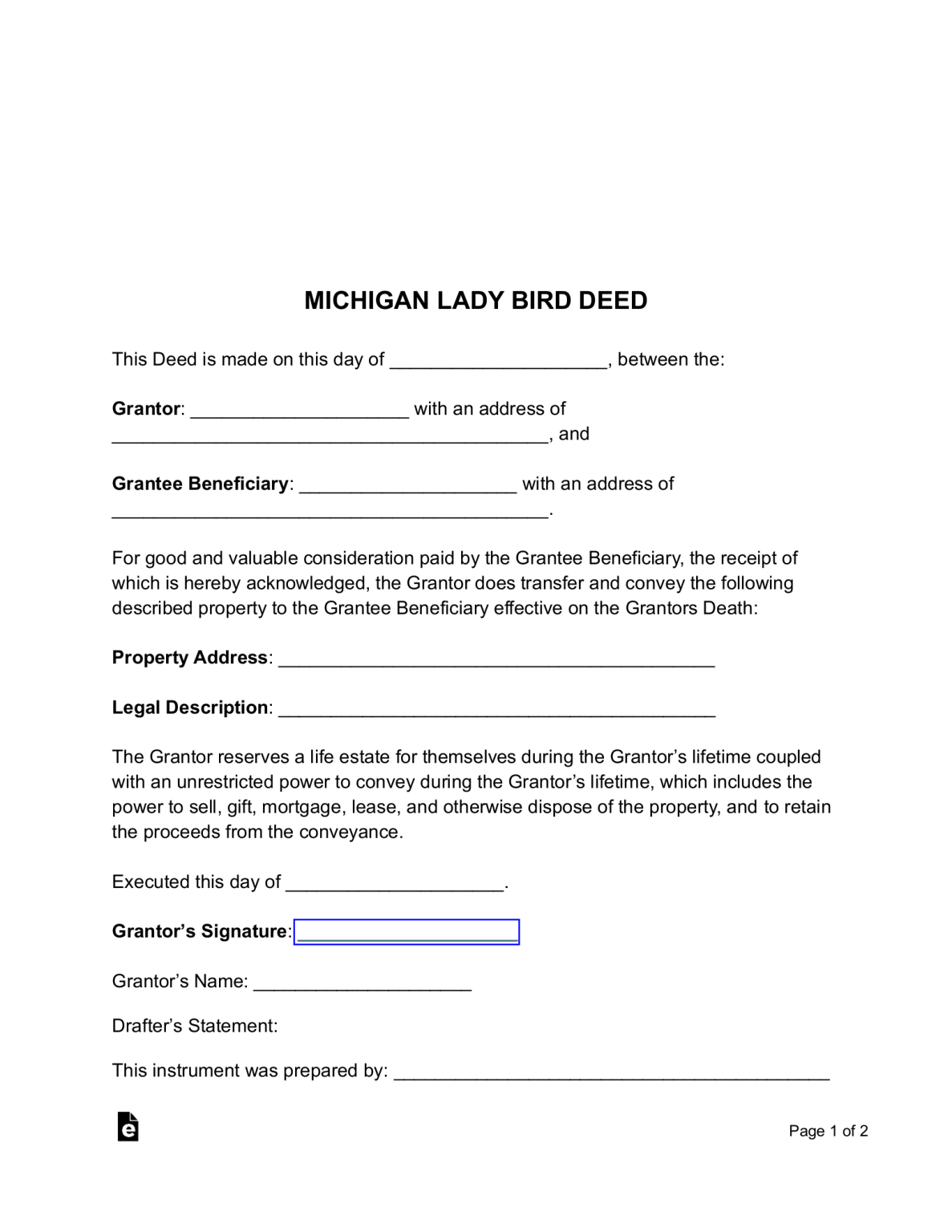 Free Michigan Lady Bird Deed Form (Enhanced Life Estate) - PDF | Word ...
