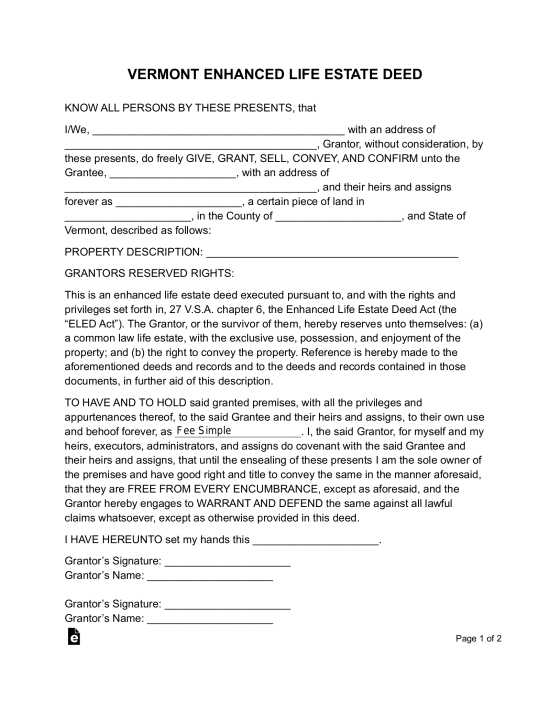 Free Vermont Lady Bird Deed Form (Enhanced Life Estate) - PDF | Word – eForms