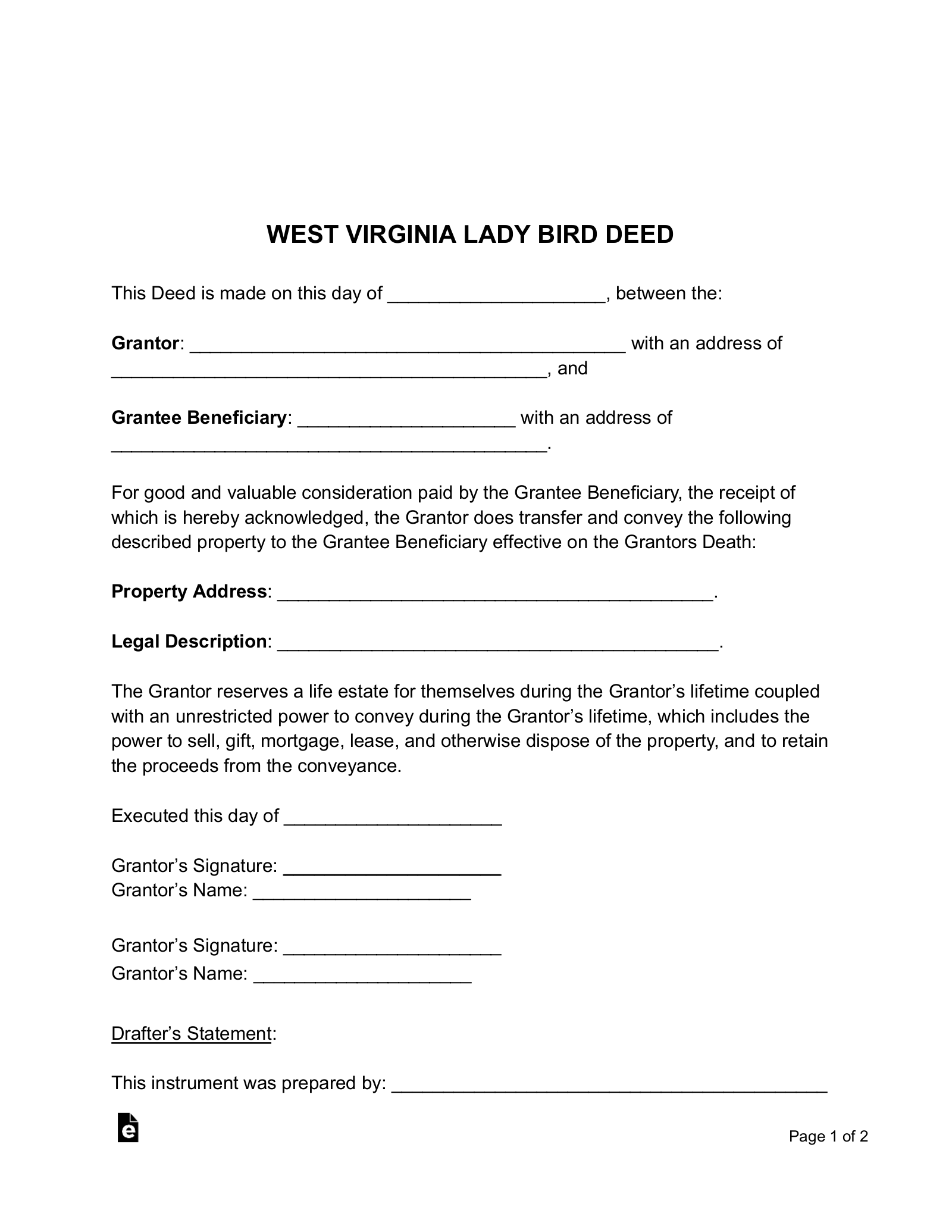 Free West Virginia Lady Bird Deed Form (Enhanced Life Estate) - PDF ...