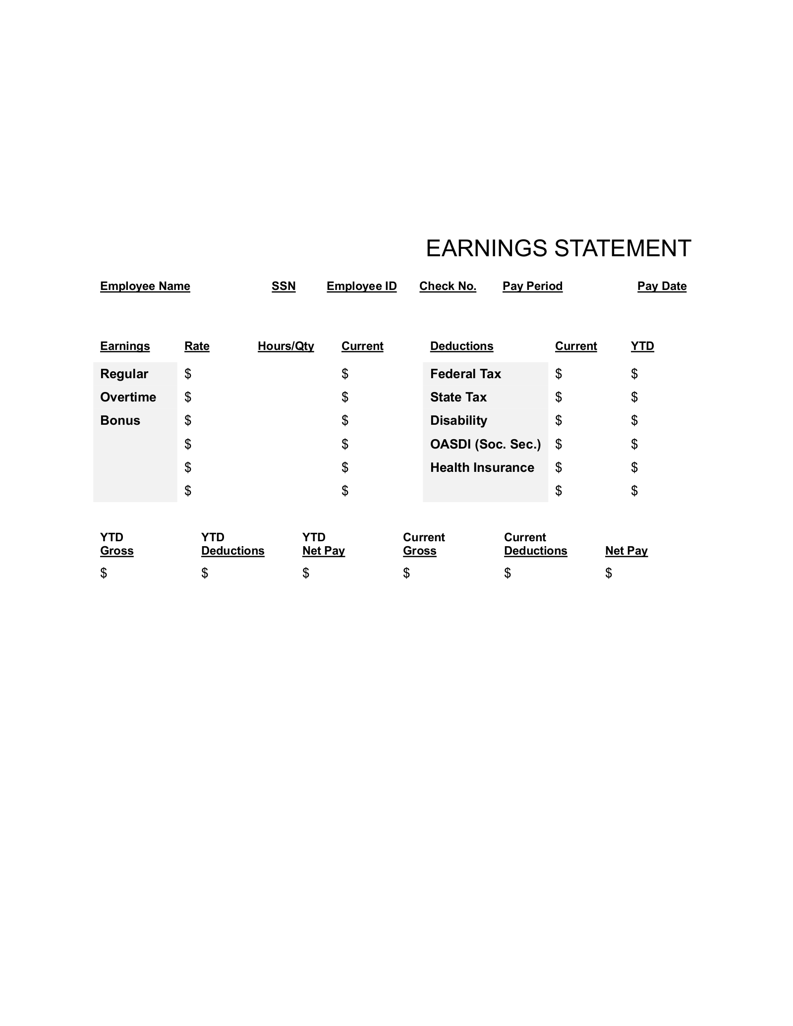 Free Employee Paystub (Earnings Statement) - PDF | Word – eForms