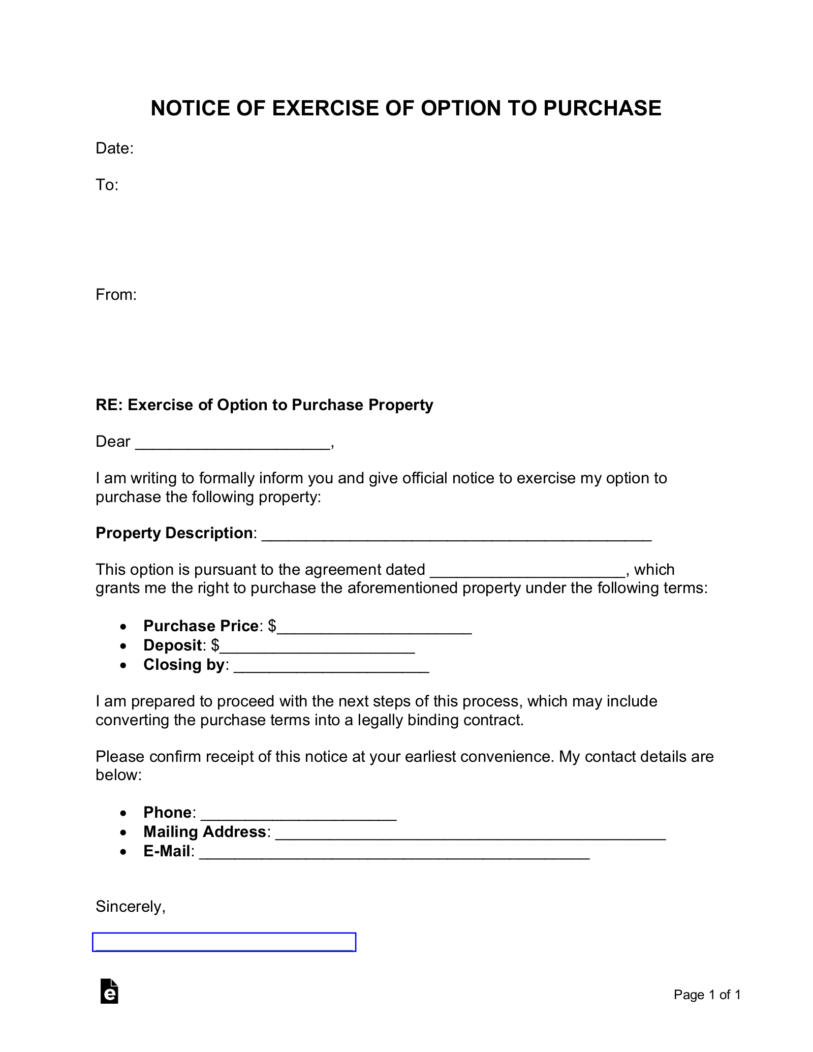 Free Notice of Exercise of Option to Purchase - PDF | Word – eForms