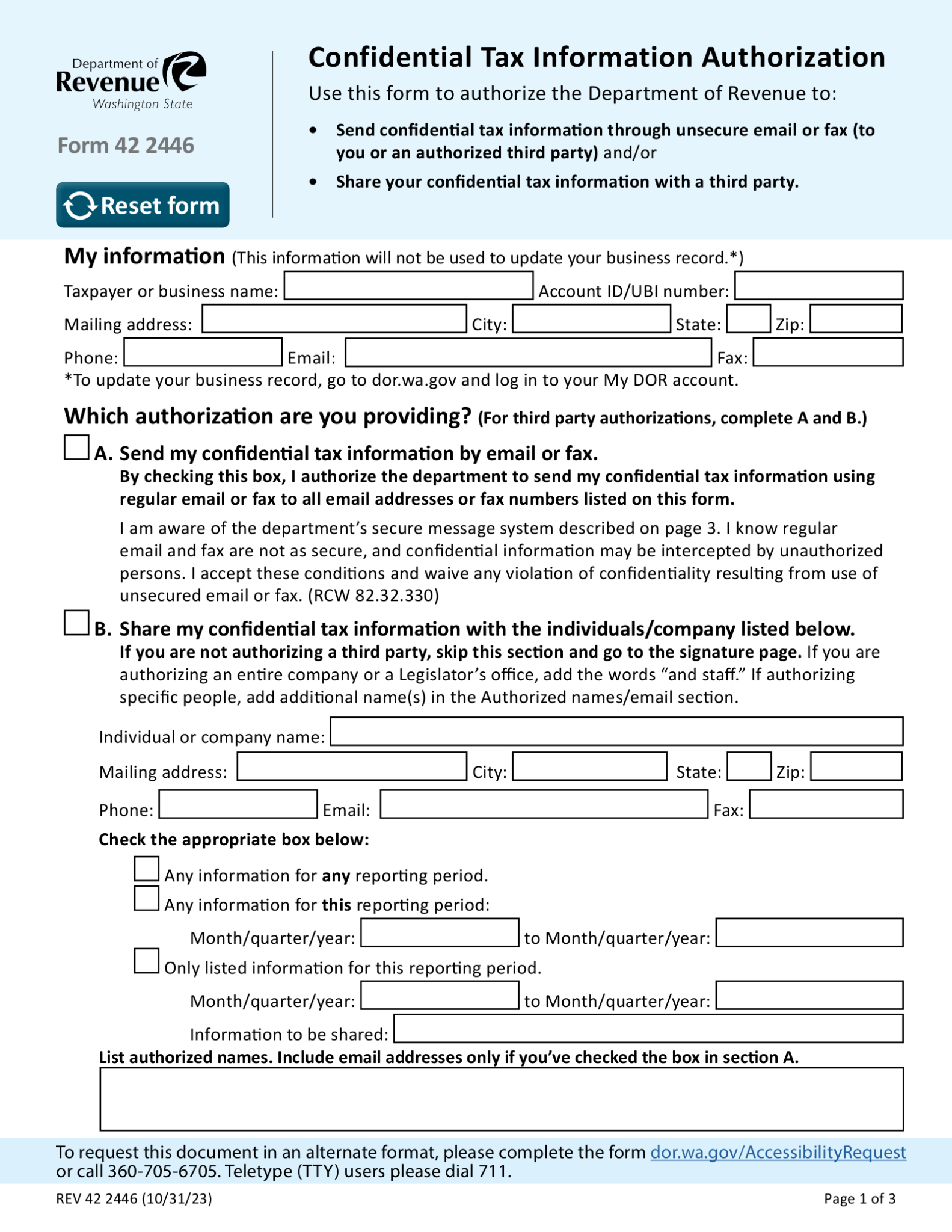 Free Washington Tax Power of Attorney (Form 42‑2446) - PDF – eForms